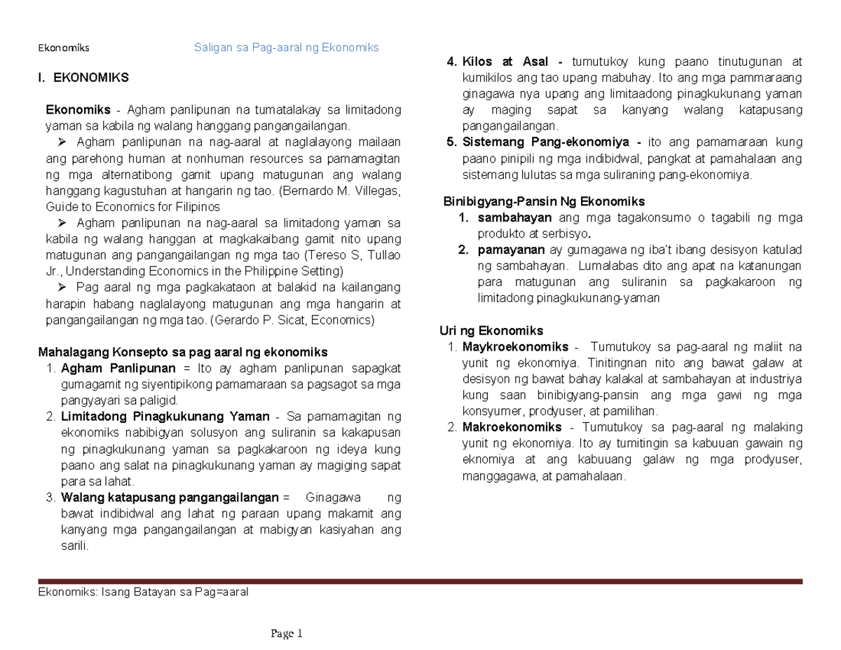 Batayan sa Pag-aaral ng Ekonomiks: Mga Mahalagang Konsepto - Studocu