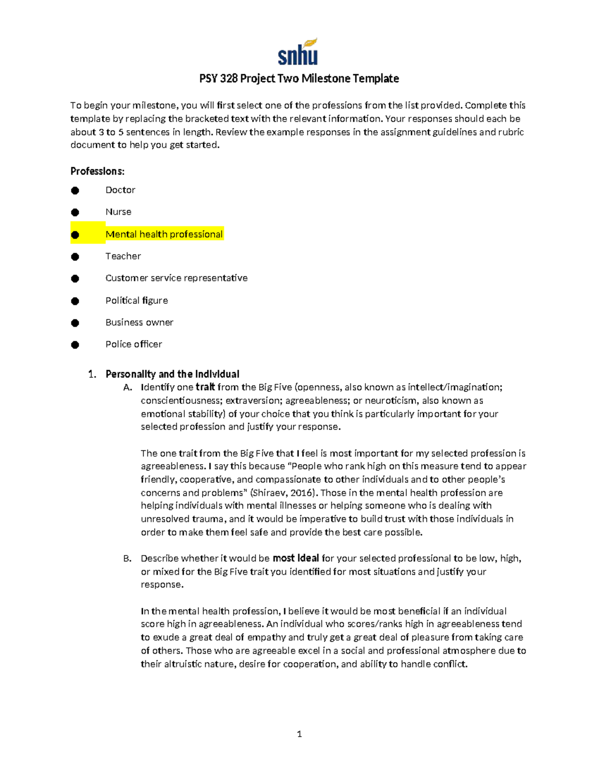 PSY 328 Project Two Milestone: Big Five Traits in Mental Health ...