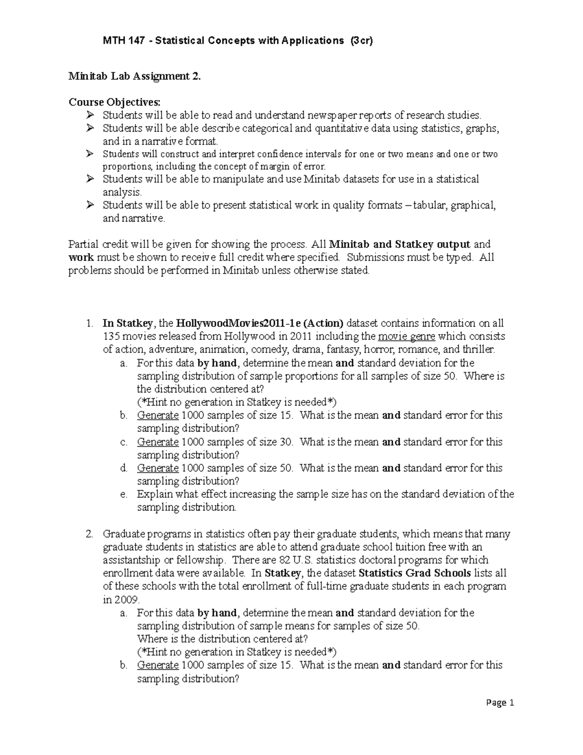 Minitab Lab Assignment 2 - Course Objectives: Students will be able to ...
