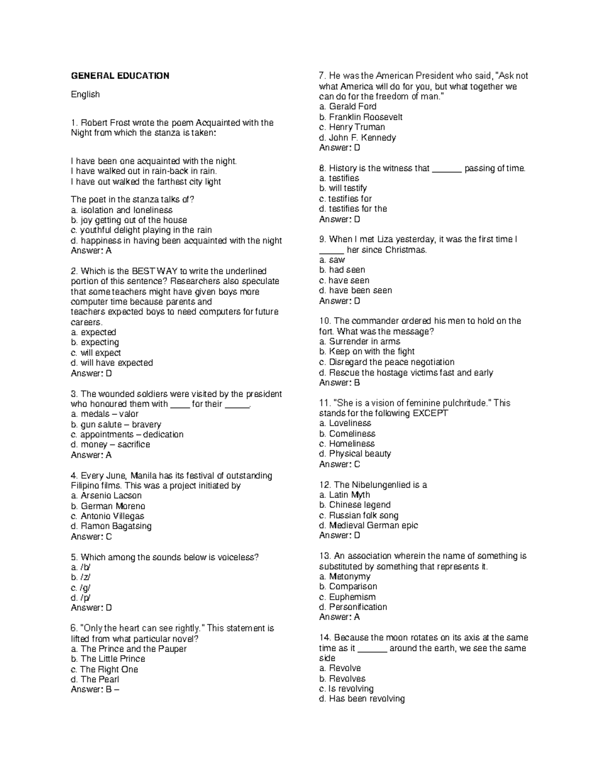 General- Education - GENERAL EDUCATION English Robert Frost wrote the ...
