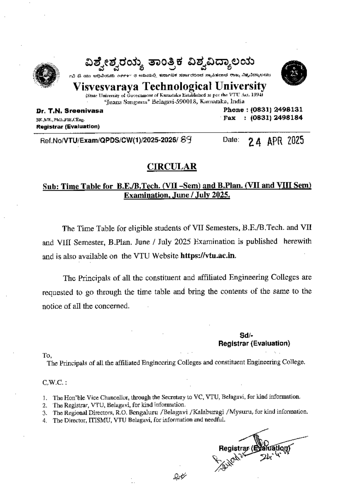 VTU 30035 Time Table for VII Sem & B.Plan Exams, June-July 2025 - Studocu