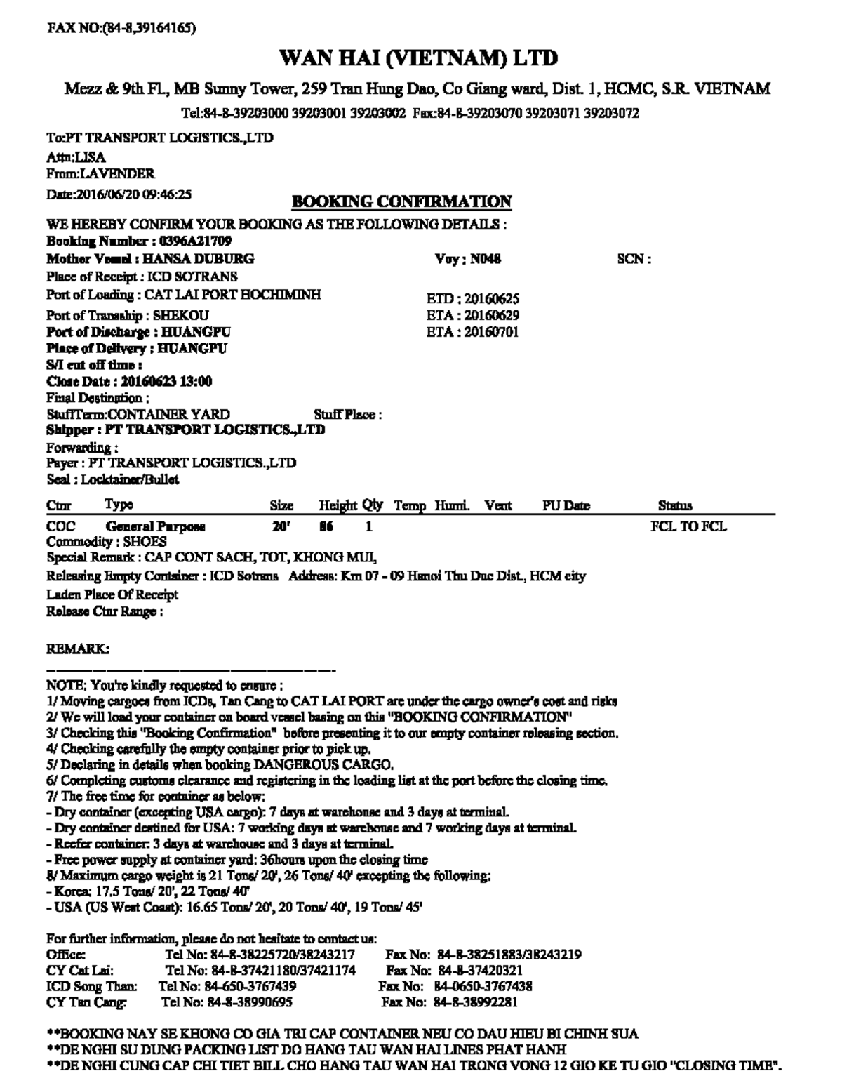 Booking Confirmation for PT TRANSPORT LOGISTICS - WAN HAI (VIETNAM ...