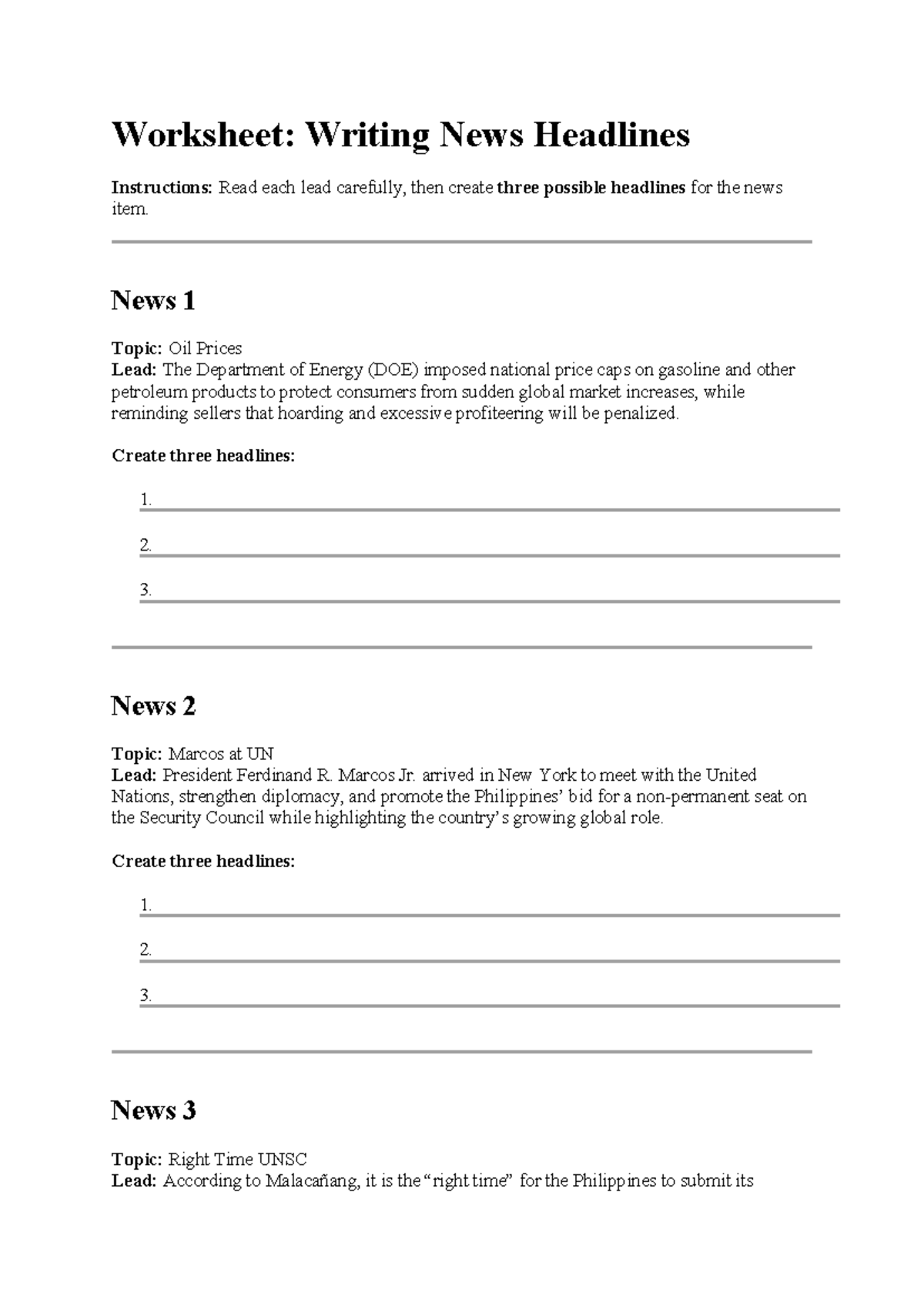 Headline Exercise: Writing News Headlines (ENG 101) - Studocu