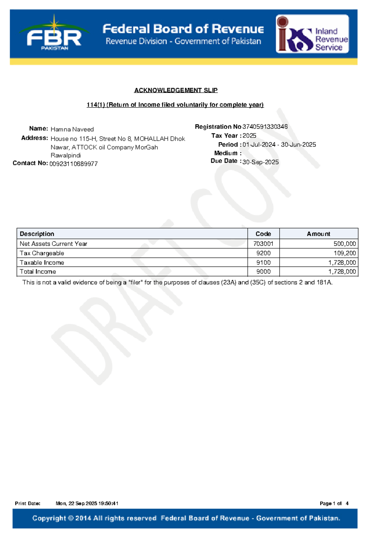 ACKNOWLEDGEMENT SLIP 114(1) - Income Tax Return 2025 - Studocu