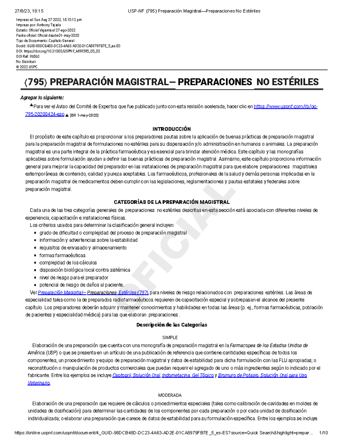 Preparación Magistral de Preparaciones No Estériles - USP-NF 〈795 ...