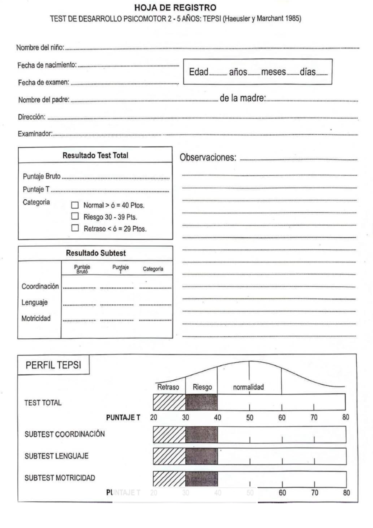 Formato TEPSI: Registro del Test de Desarrollo Psicomotor 2-5 Años ...