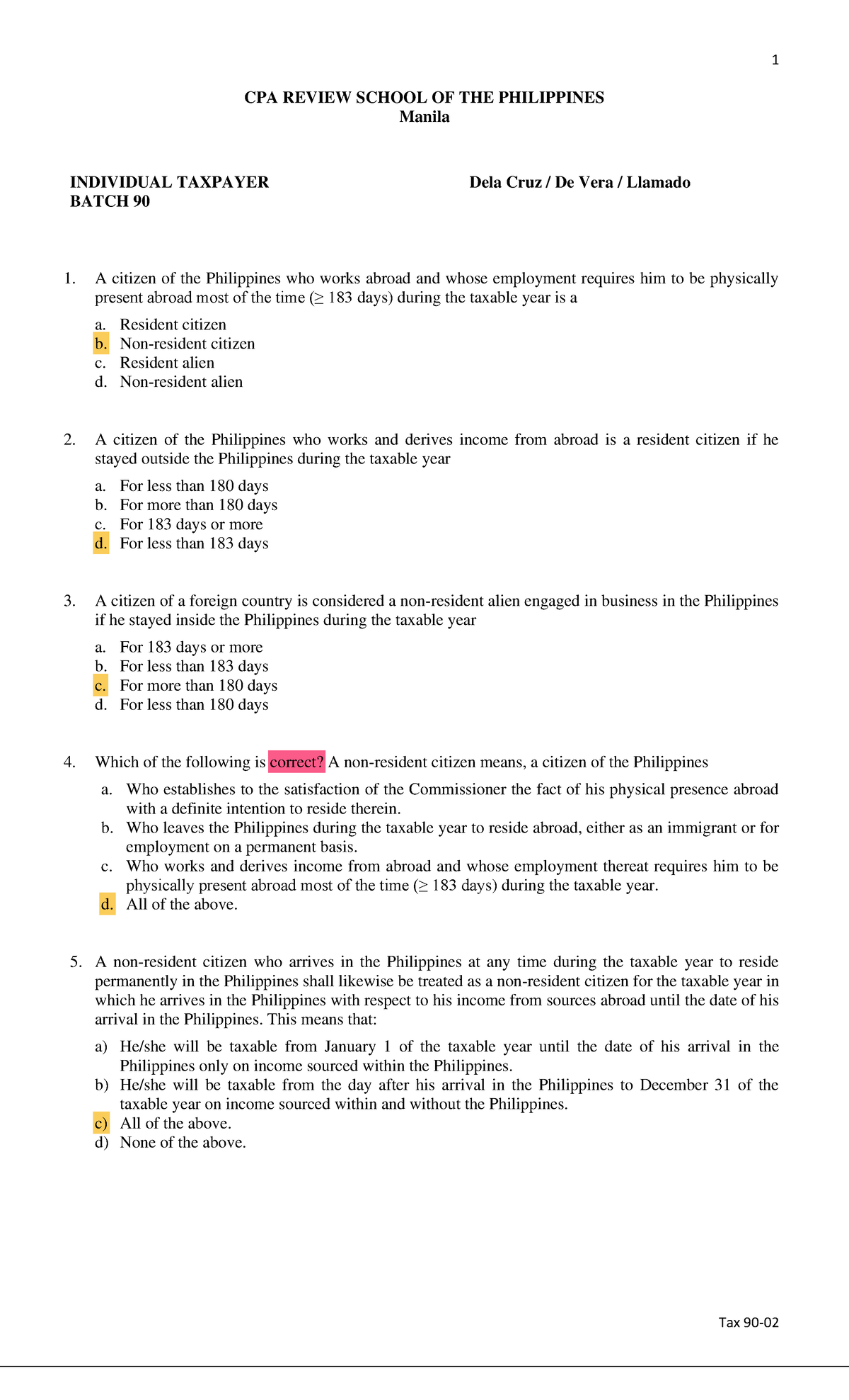 Individual Taxpayer CPAR Review Notes - Batch 90 - Studocu