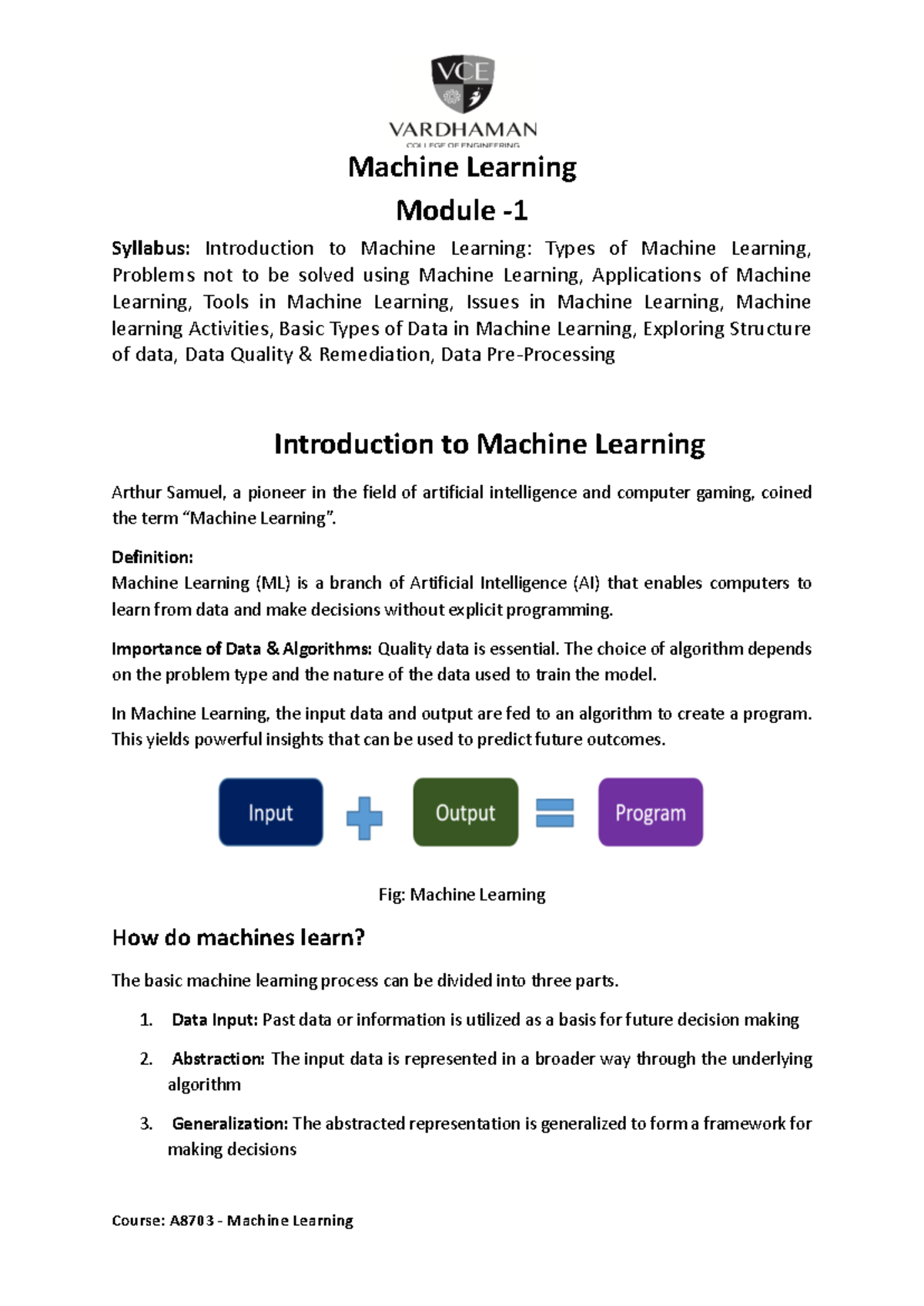 A8703 Machine Learning Module 1: Intro to ML Concepts and Applications ...