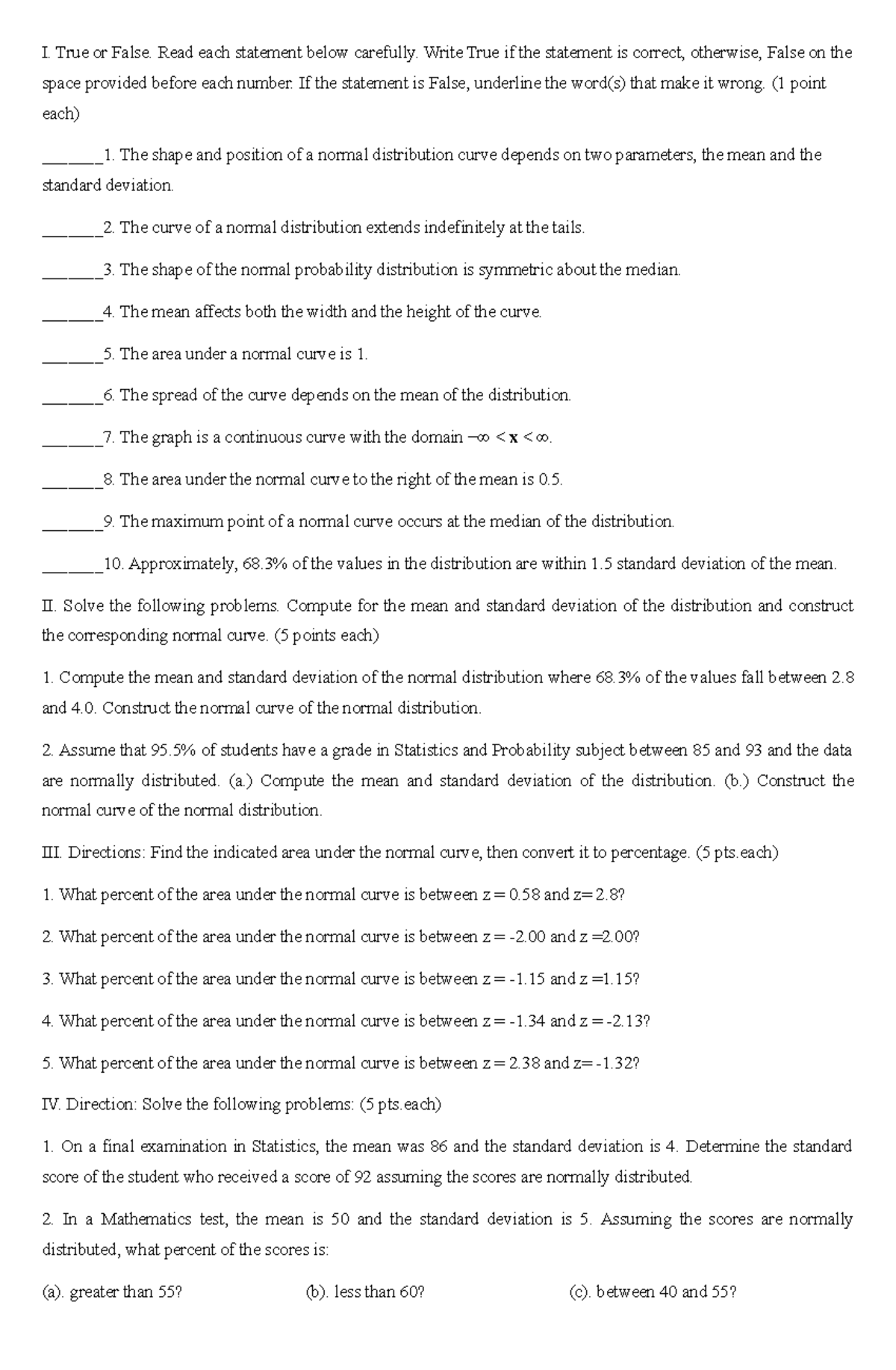 Statistics & Probability Quiz: True/False & Normal Distribution ...