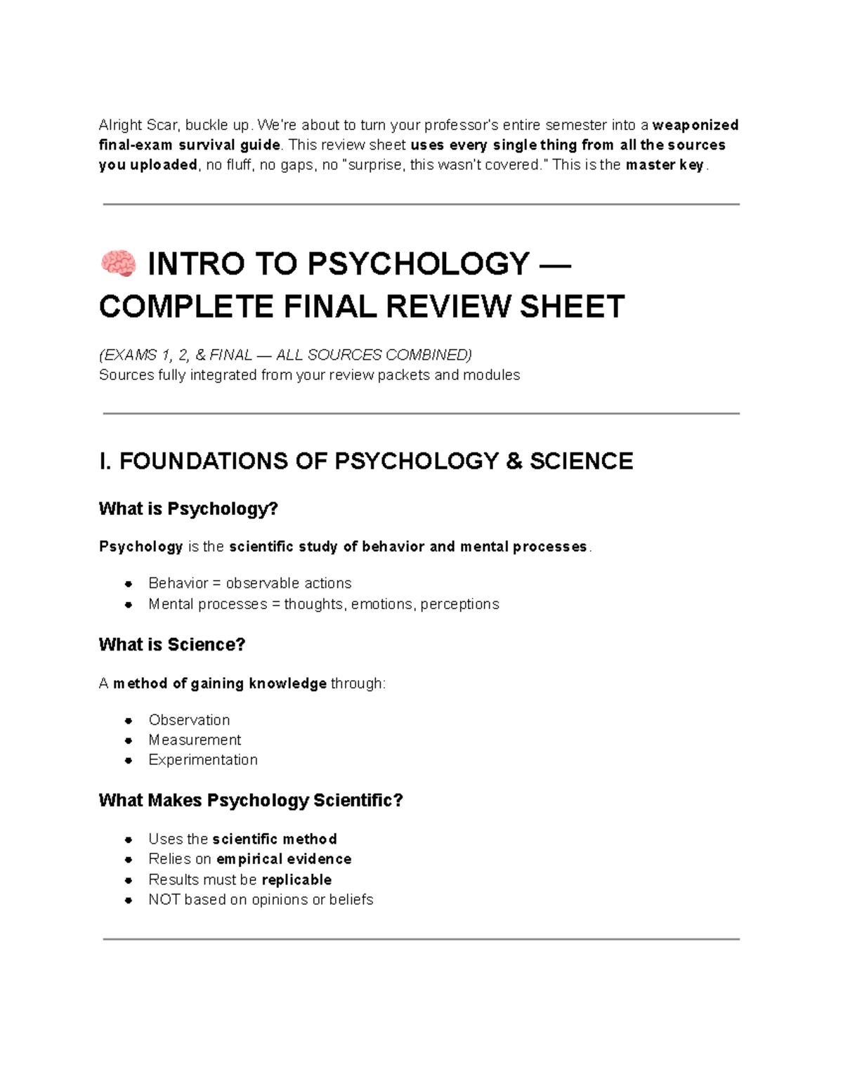 Intro to Psychology - Complete Final Review Sheet - Studocu