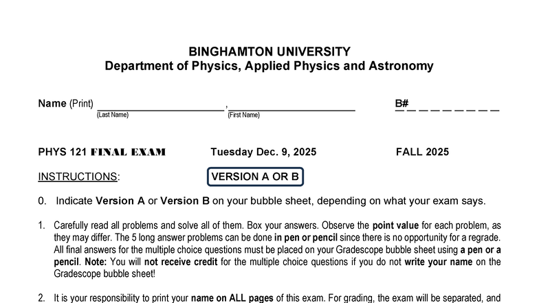 PHYS 121 FINAL EXAM INSTRUCTIONS & FORMULA SHEET - FALL 2025 - Studocu