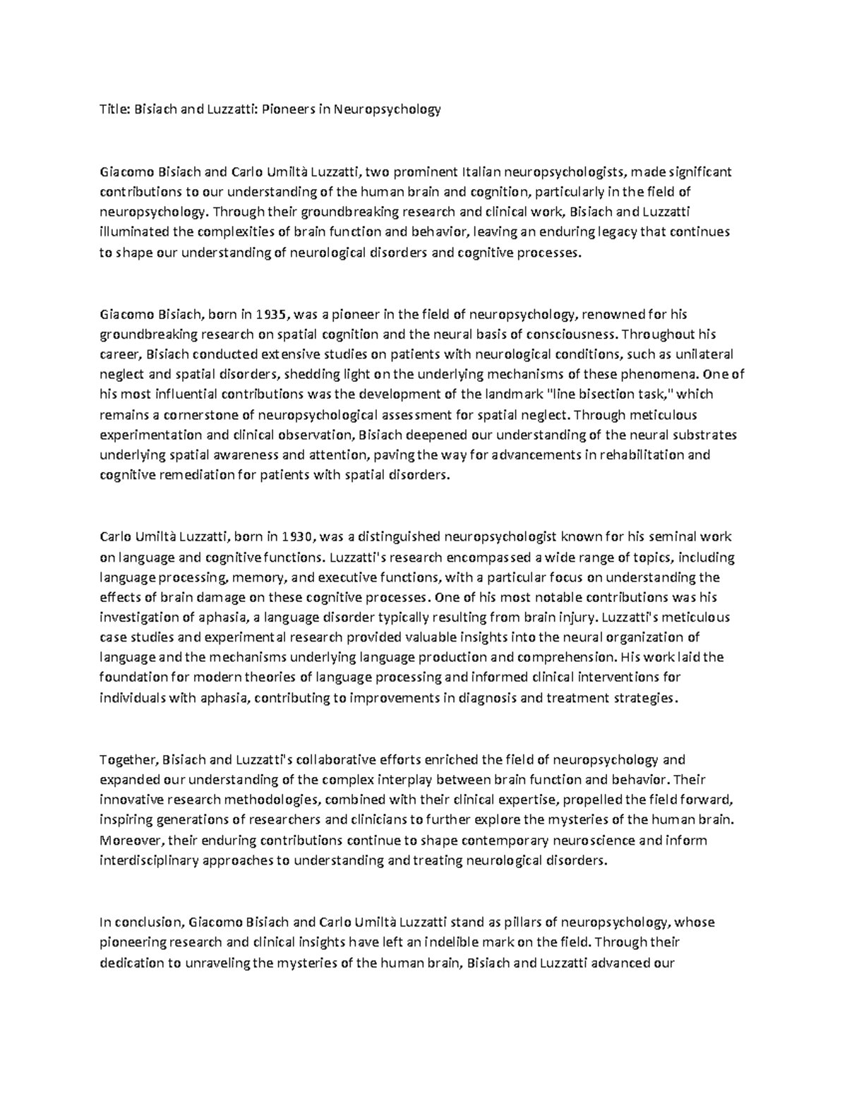 Bisiach & Luzzatti: Pioneers in Neuropsychology Contributions - Studocu
