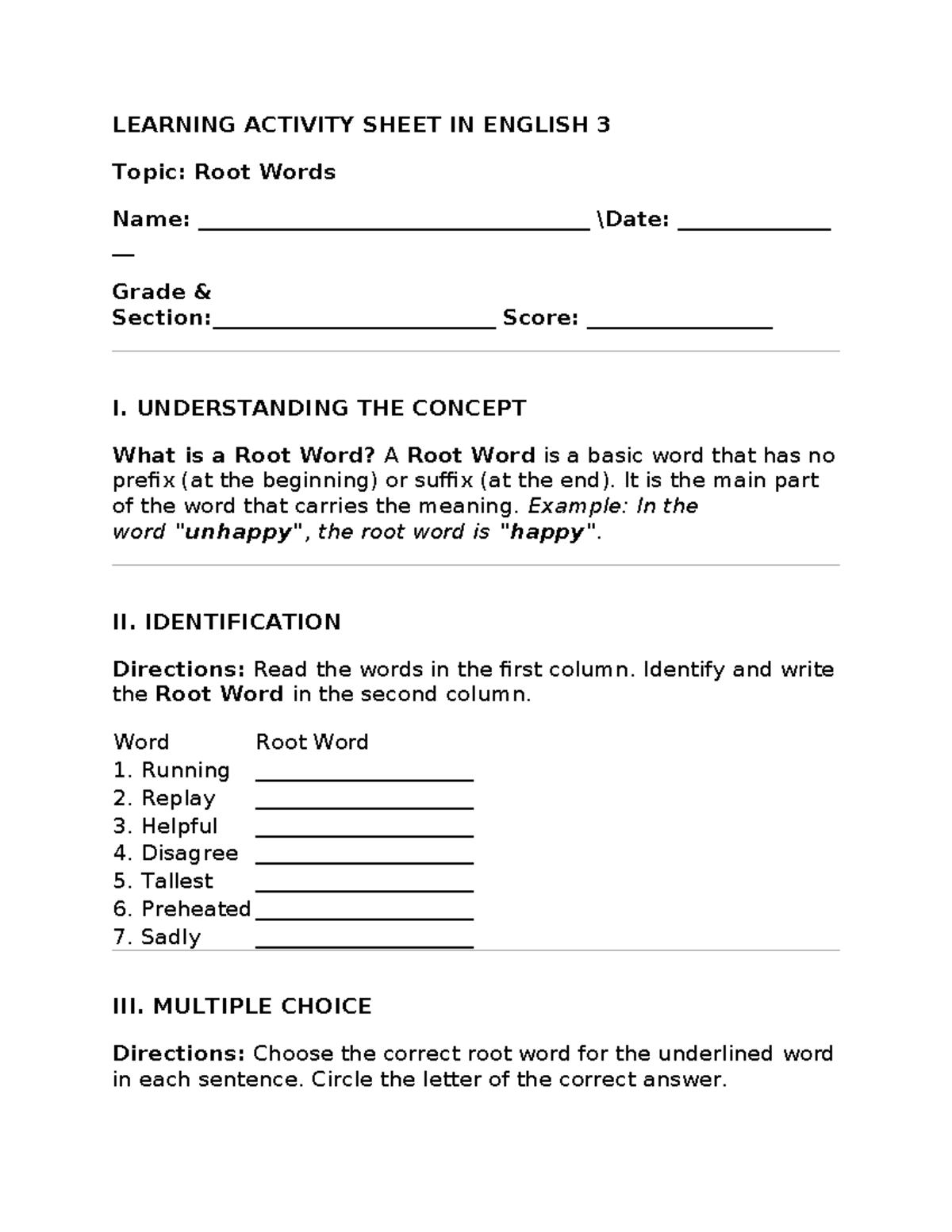 Learning Activity Sheet in English 3: Root Words & Patterns - Studocu