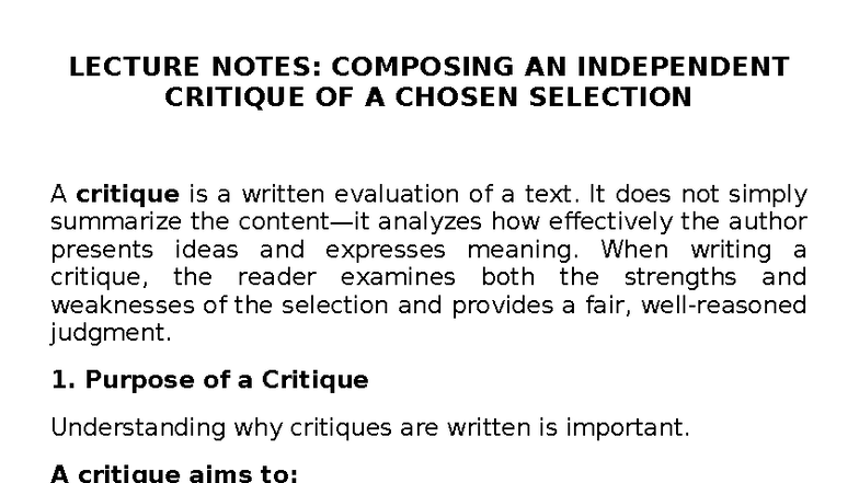 LECTURE NOTES: WRITING AN INDEPENDENT CRITIQUE - Studocu