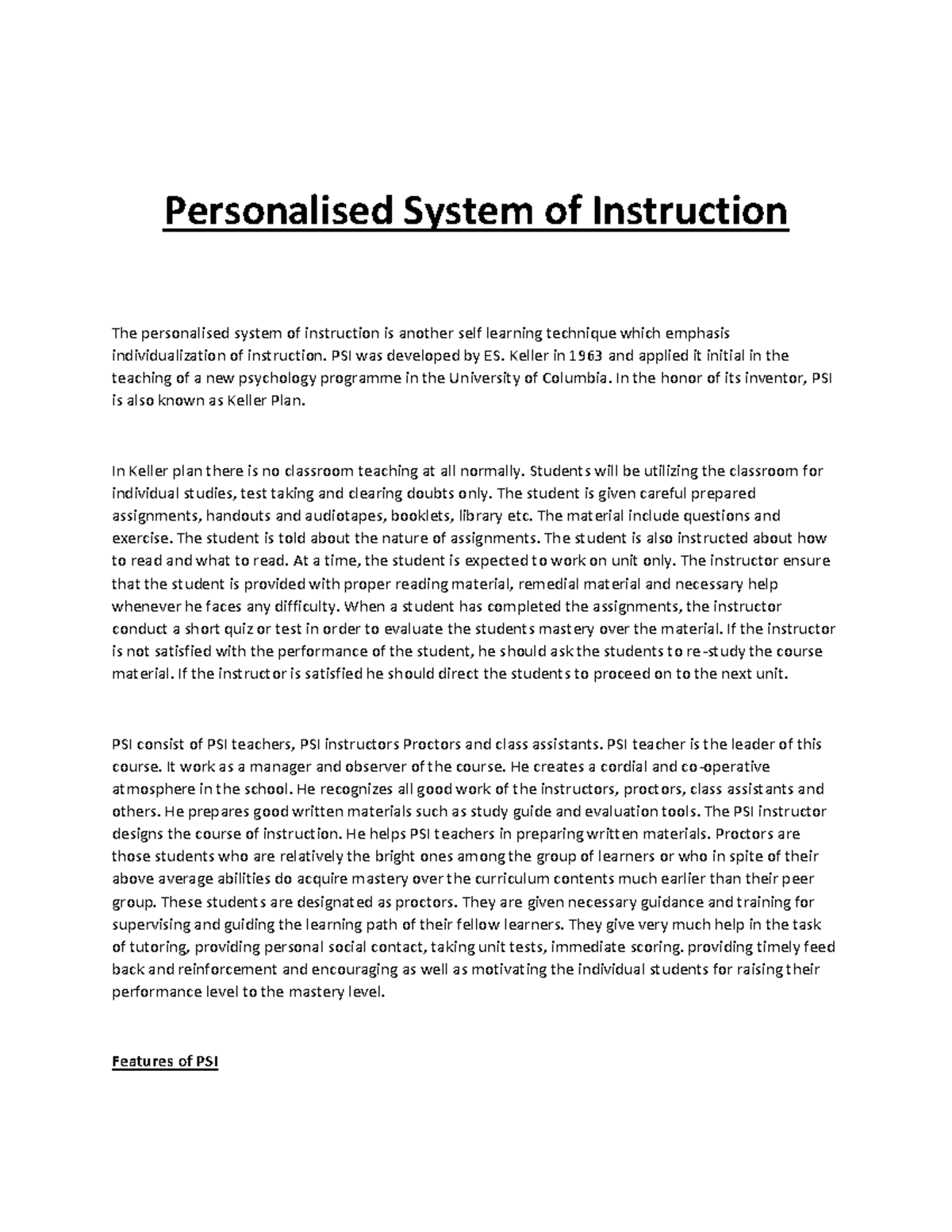 PSI: Personalised Instruction System Overview and Features - Studocu