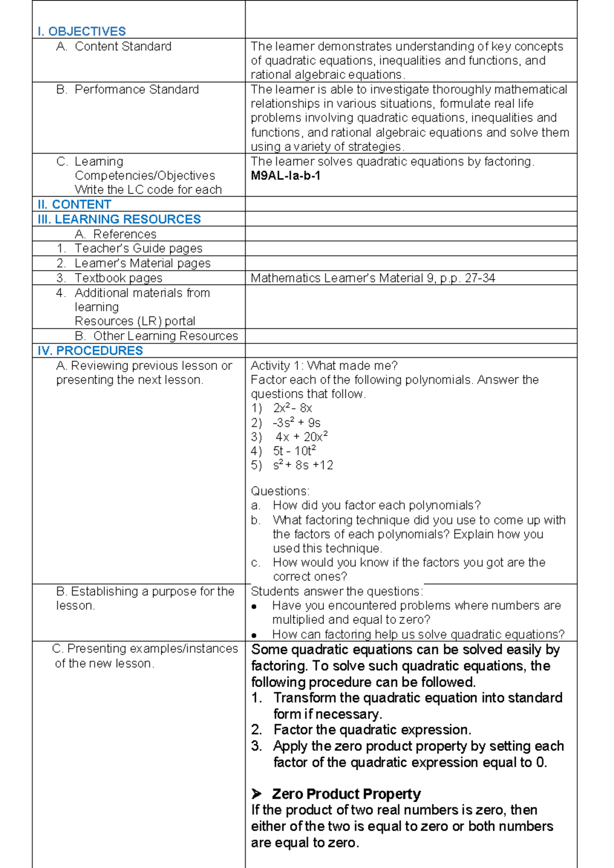 Mathematics Material 9: Quadratic Equations & Factoring Guide - Studocu