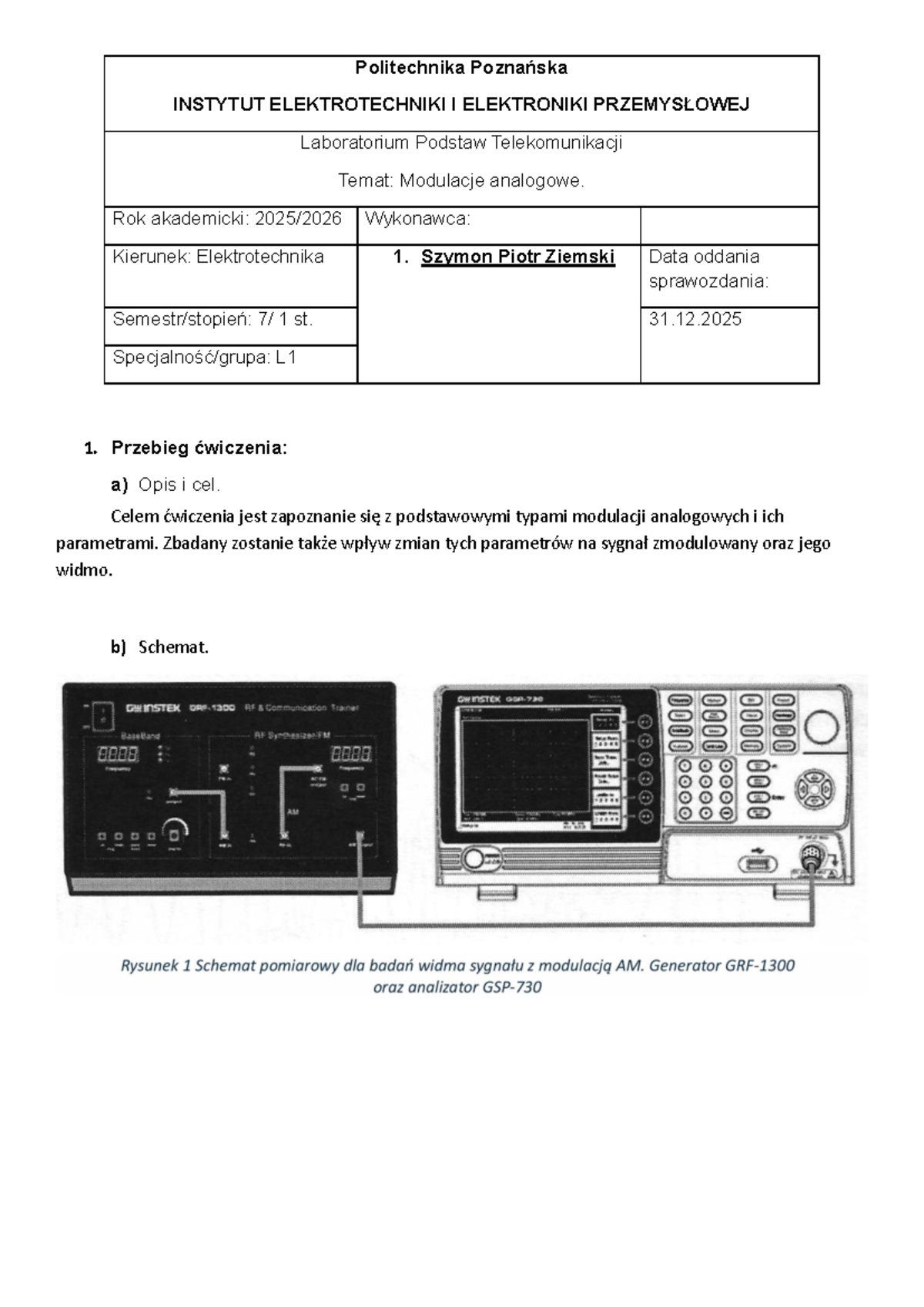 Ćwiczenie nr 3 - Modulacje analogowe w Telekomunikacji L1 - Studocu