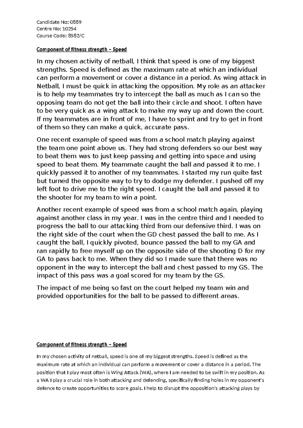 PE GCSE Coursework 1: Analyzing Strengths in Netball Speed - Studocu