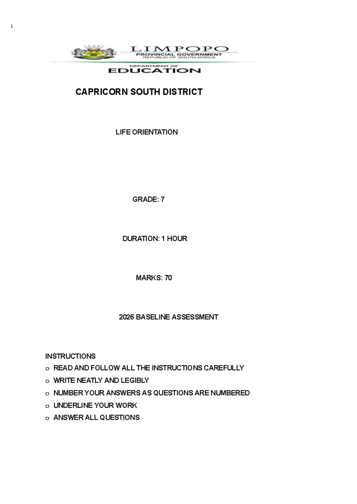 2026 Grade 7 Life Orientation Baseline Assessment Task - Studocu