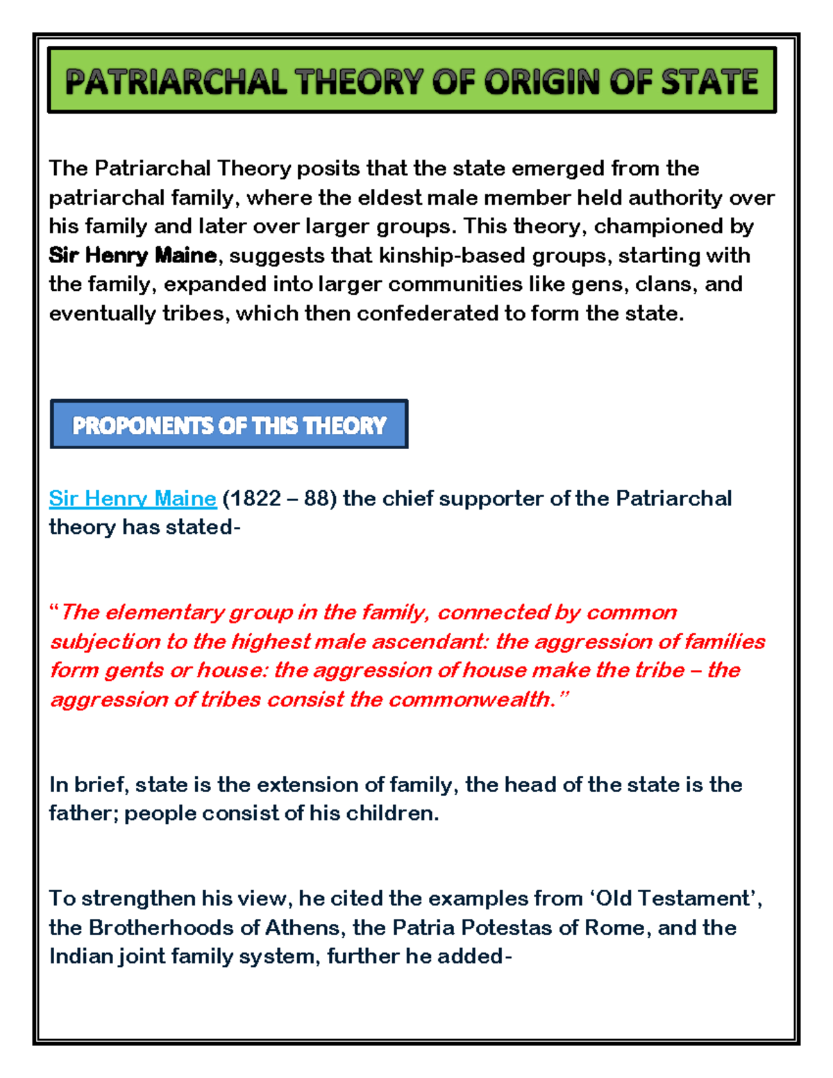 Political Science I - Patriarchal Theory: State's Family Origins - Studocu