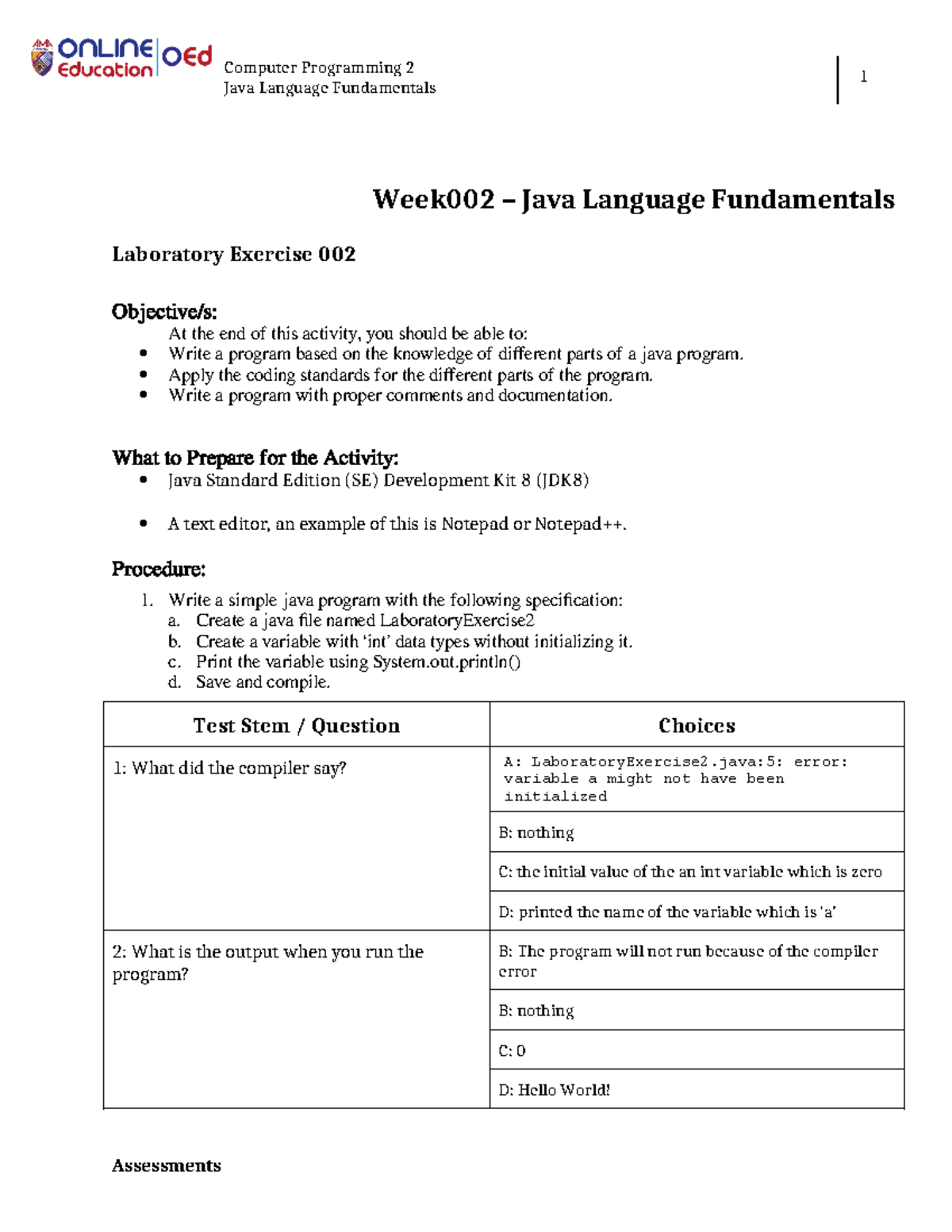 Week002-Lab Exasd - Computer Programming 2 Java Language Fundamentals 1 ...