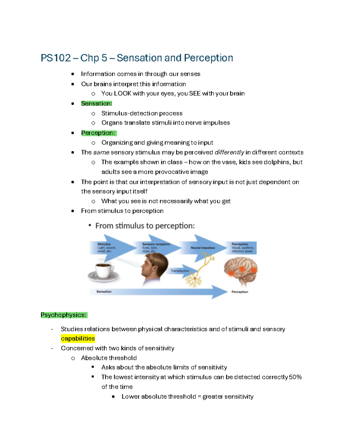 PS102 – Chp 5 – Sensation and Perception Study Notes - Studocu