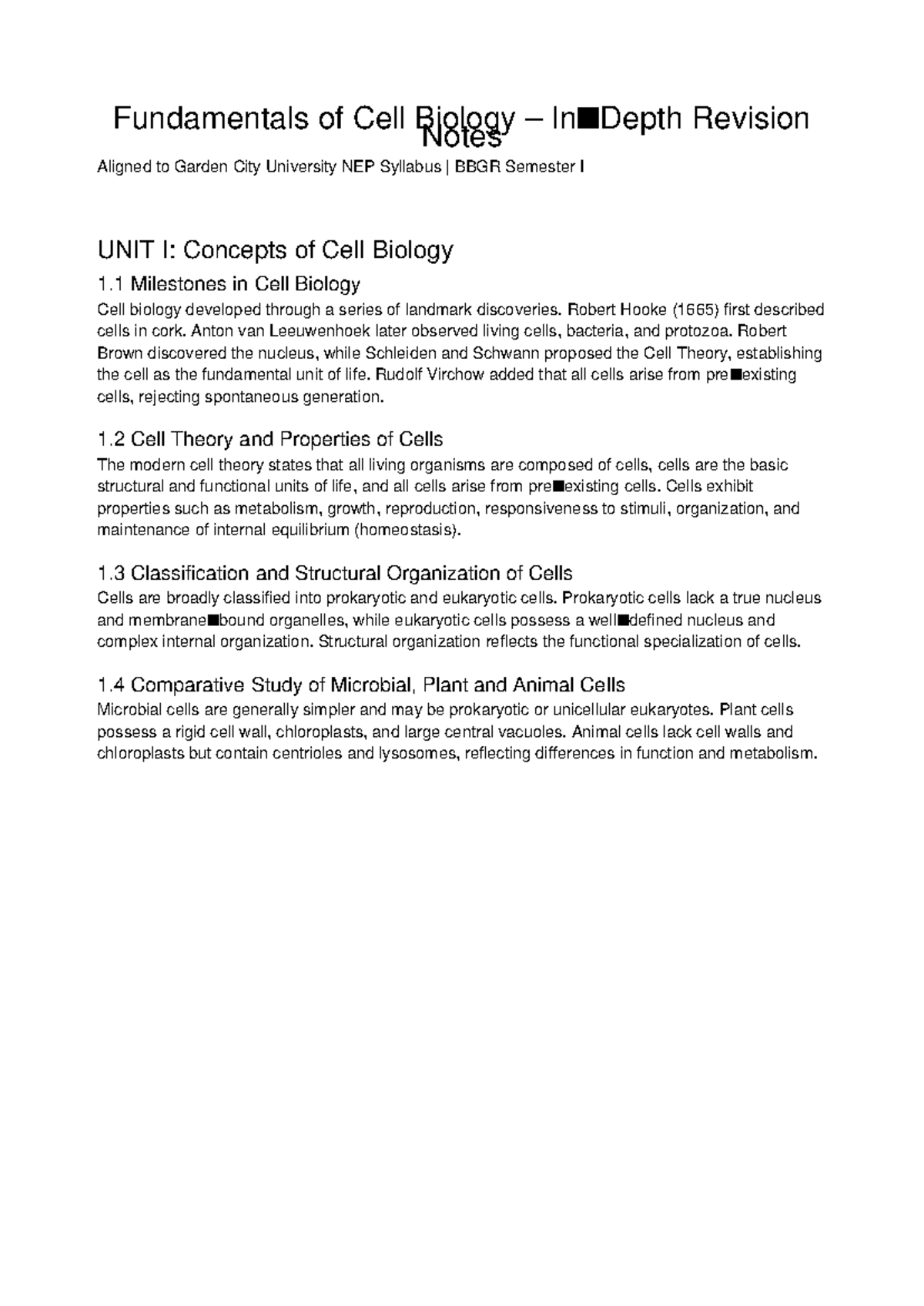 BBGR Semester I: In-Depth Notes on Cell Biology Fundamentals - Studocu