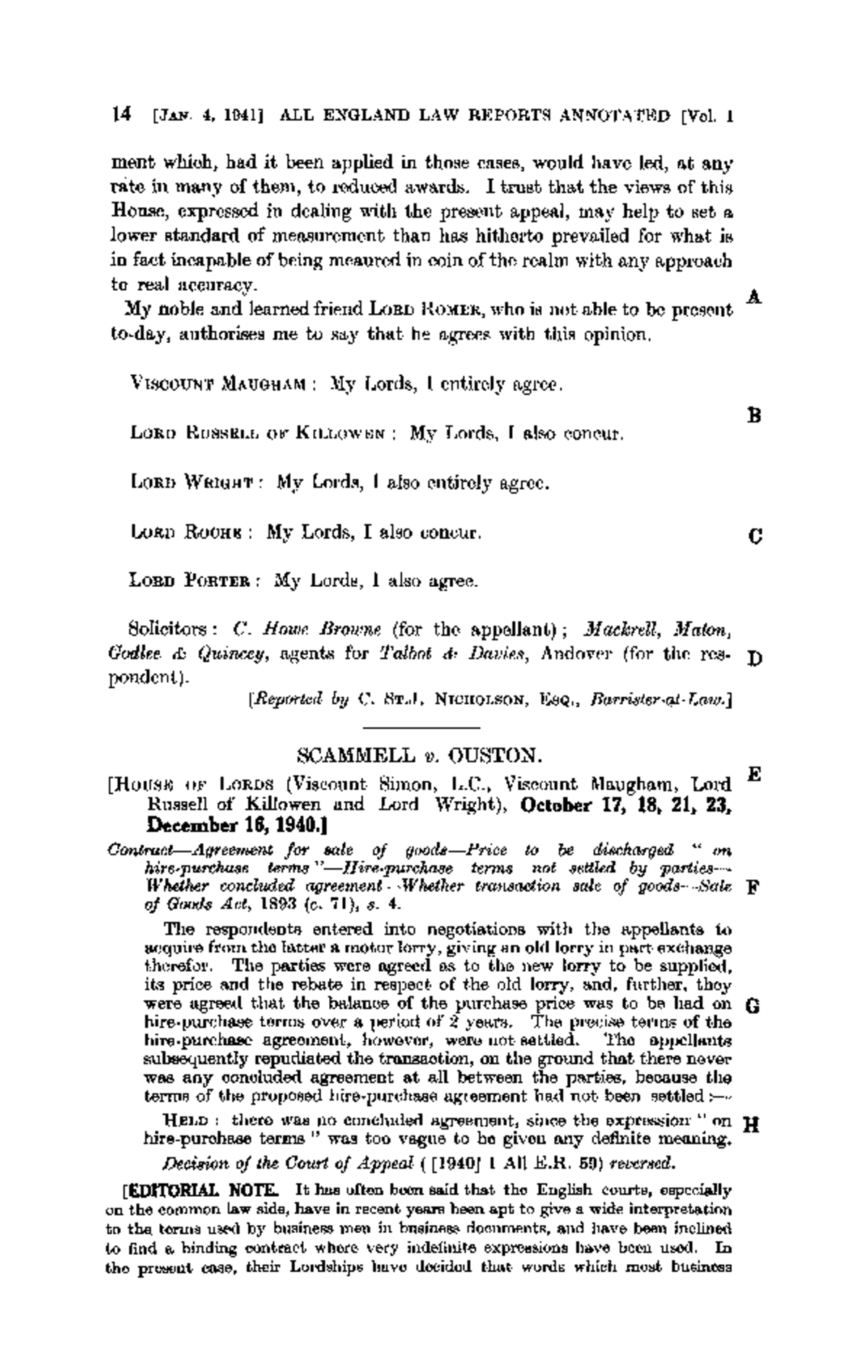 Scammell v Ouston [1941] 1 All ER 14: Contractual Agreement Analysis ...