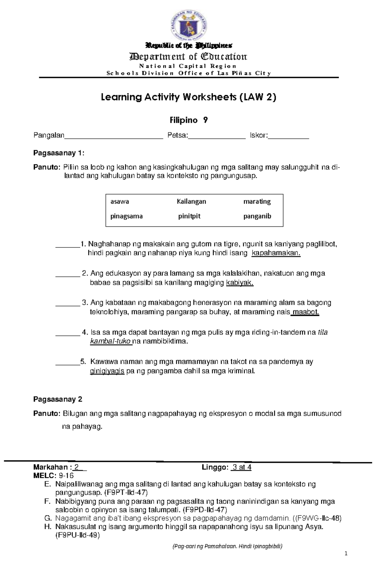 2nd Quarter Filipino 9 Learning Activity Worksheets (LAW 2) - Studocu