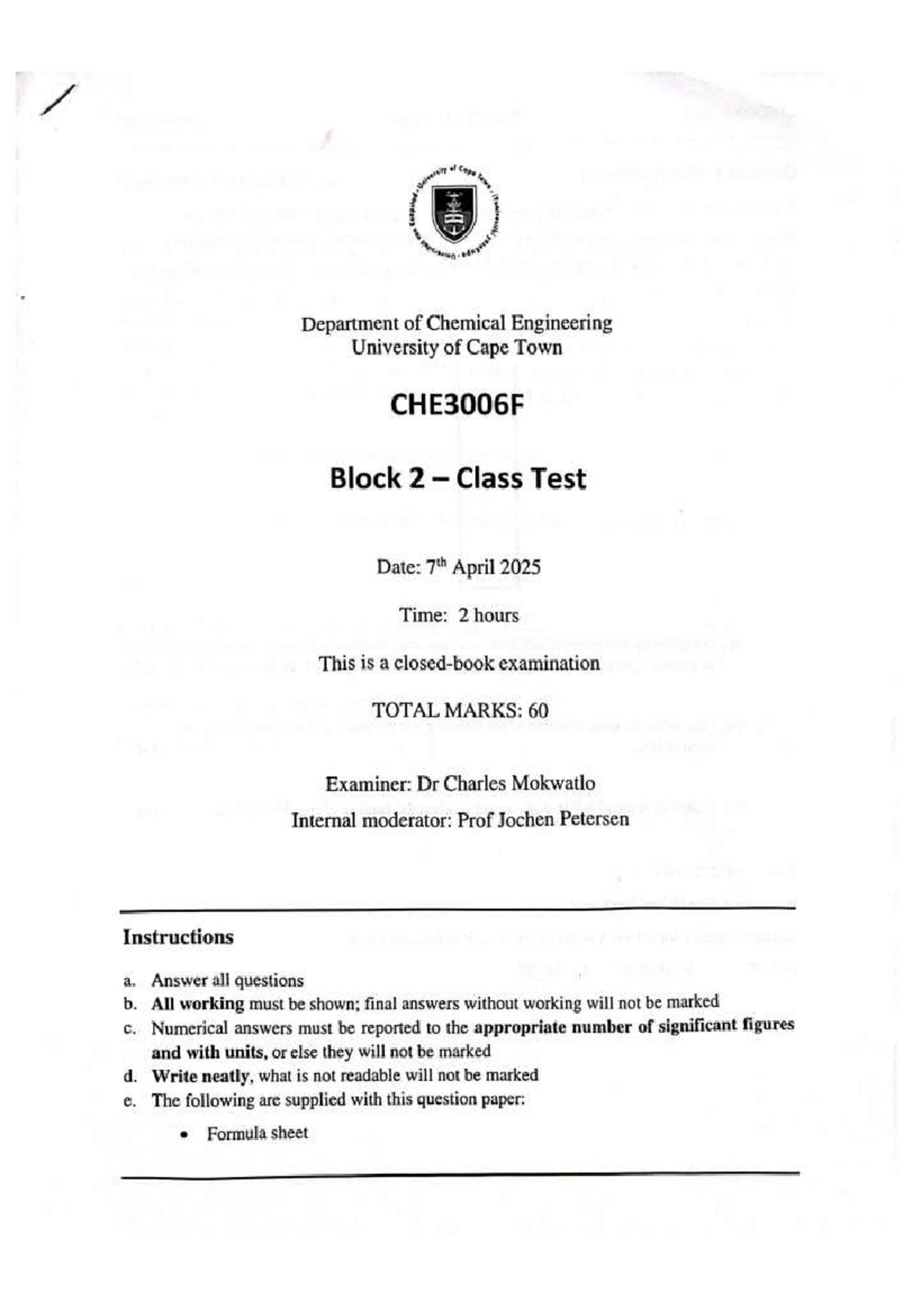 CHE3006F Block 2 Class Test: Chemical Engineering Concepts ...