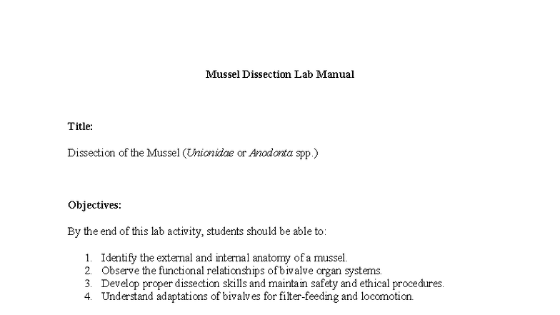 Mussel Dissection Lab Manual: Exploring Unionidae Anatomy - Studocu