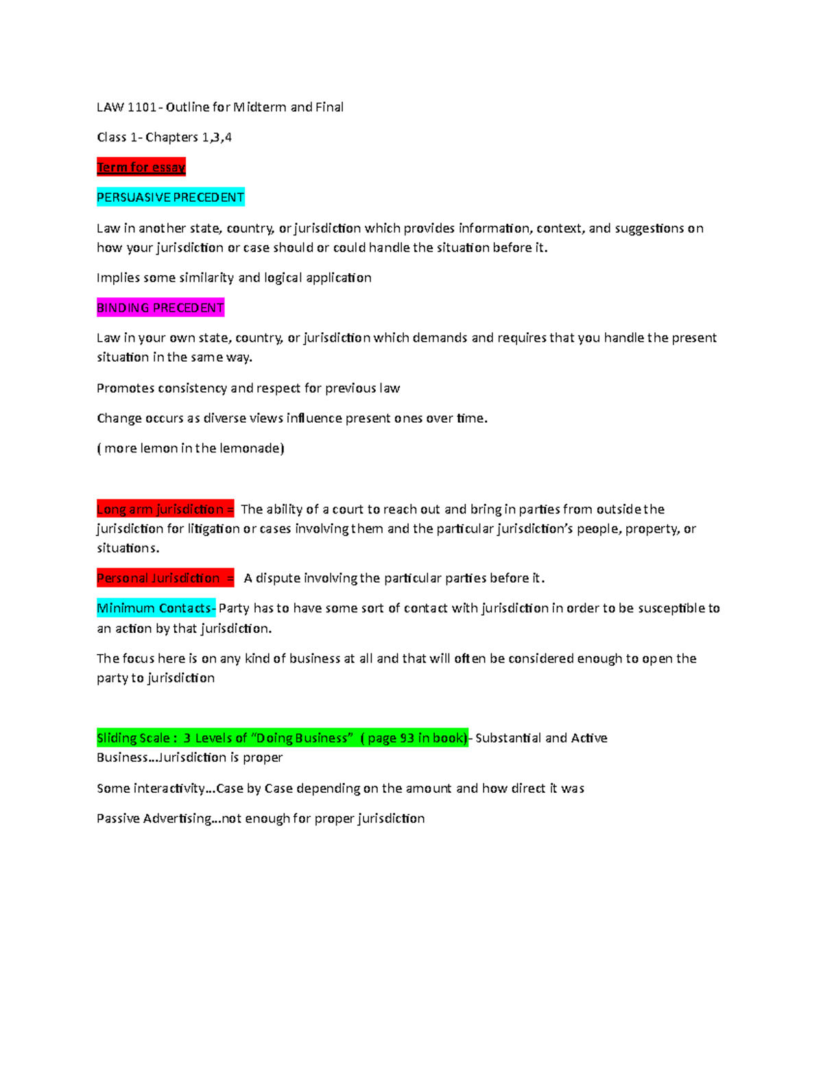 LAW 1101 - Outline for Midterm & Final Exam: Key Legal Concepts - Studocu