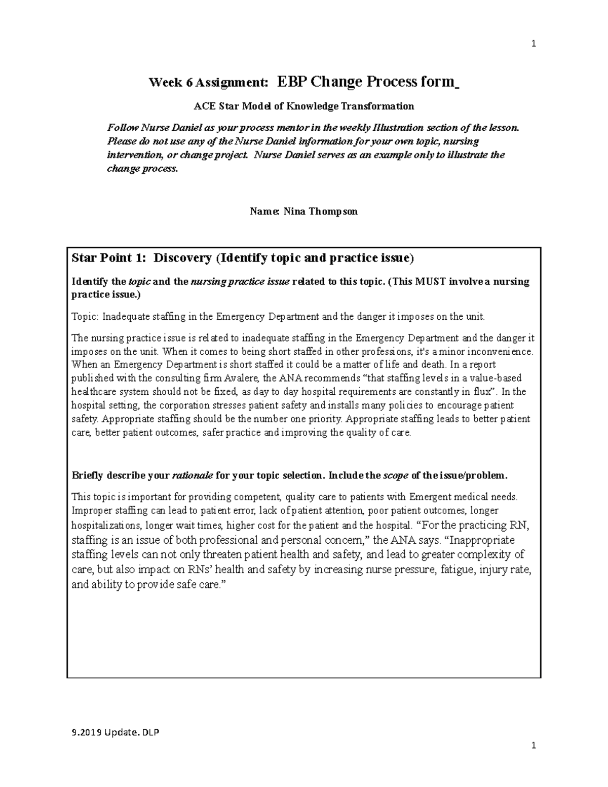 EBP Project Nina Thompson - Week 6 Assignment: EBP Change Process form ...
