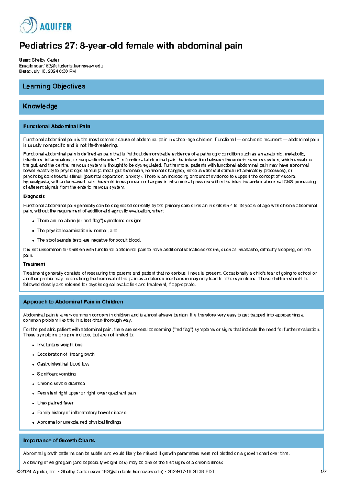 Pediatrics 27: Case Study on Female Abdominal Pain Management - Studocu