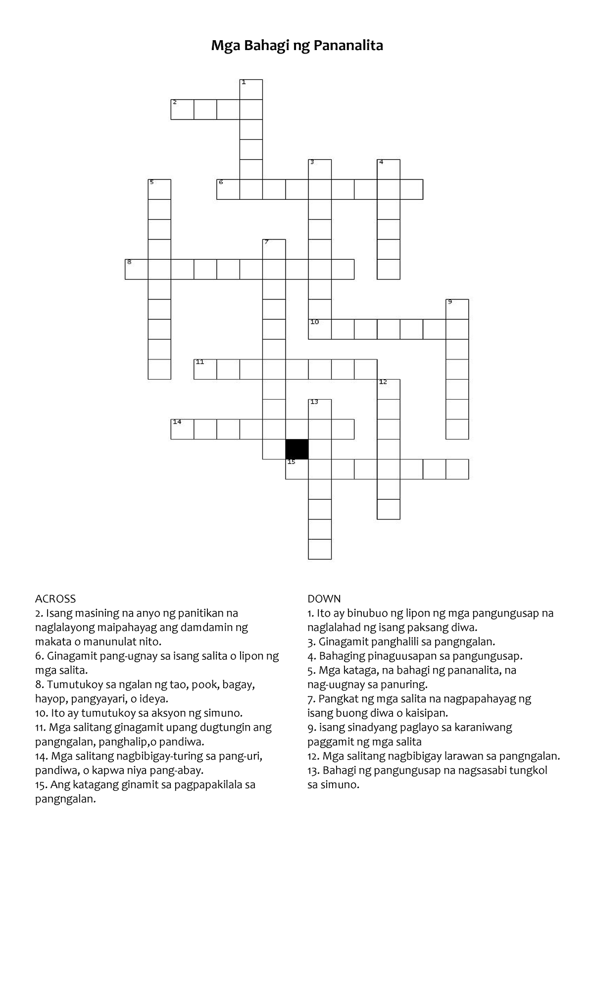 Filipino Crossword Puzzle: Mga Bahagi ng Pananalita Breakdown - Studocu