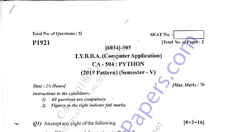 BBA-CA Sem 5 Python Exam Paper - April 2023 (2019 Pattern) - Studocu