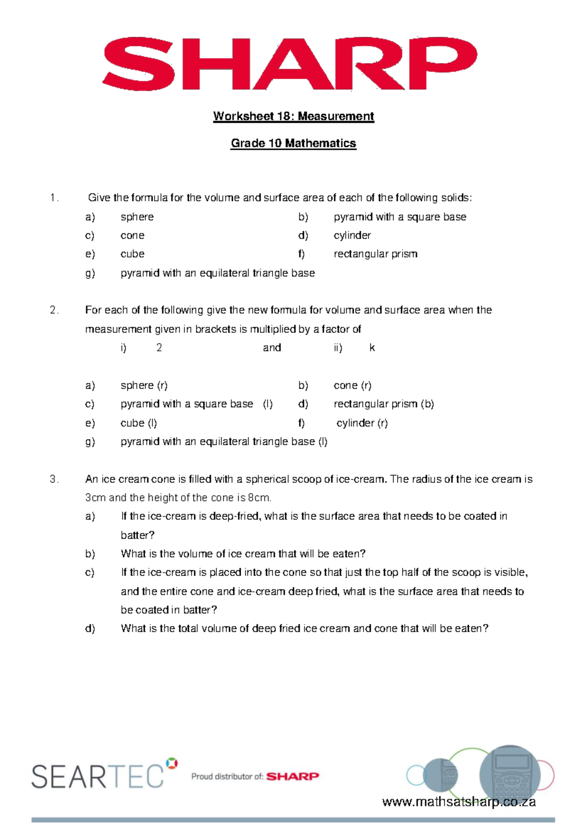 Grade 10 Math Measurement Notes: Volume & Surface Area Formulas - Studocu