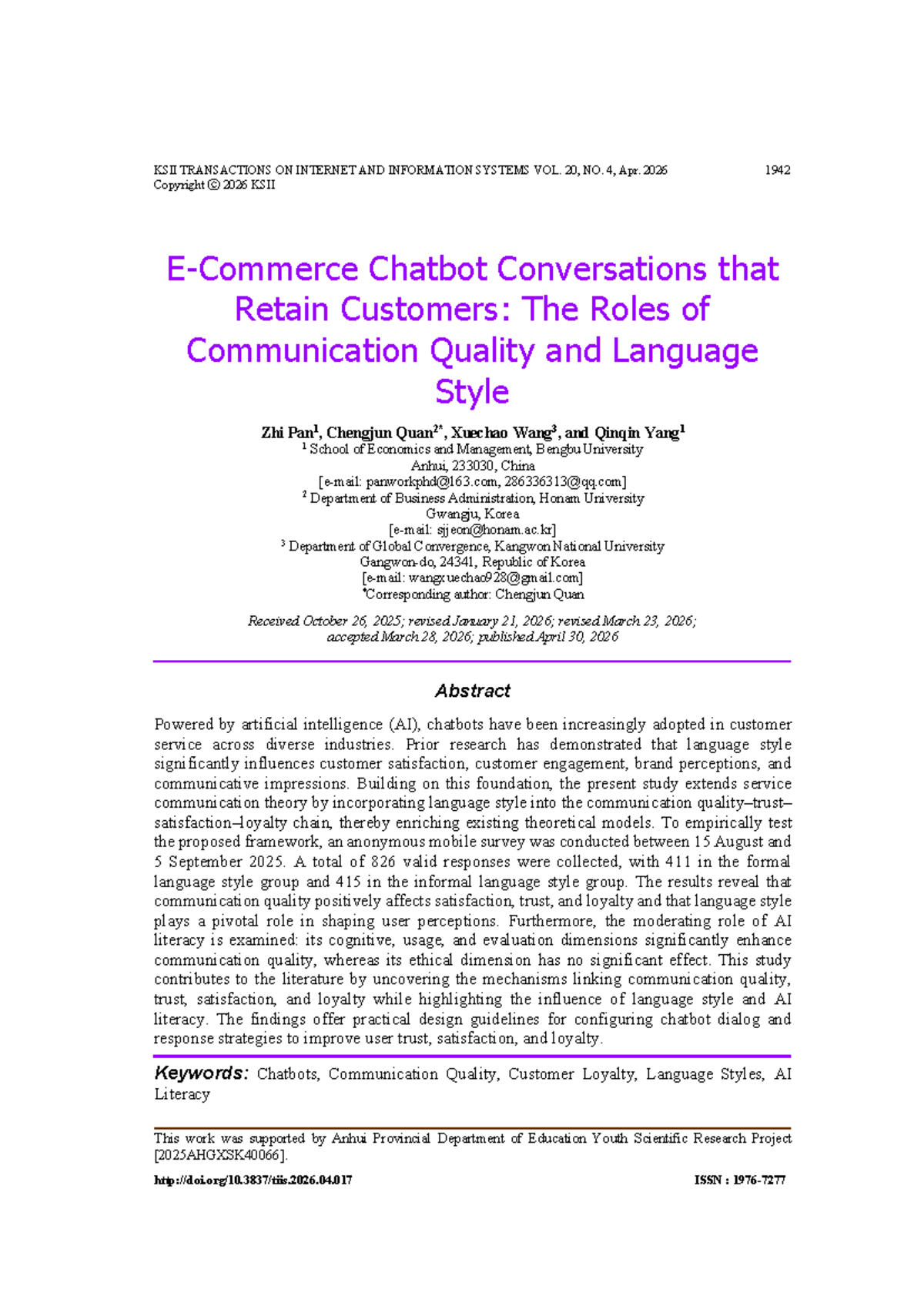 KSII 20-4: Chatbot Conversations, Communication Quality & Customer ...