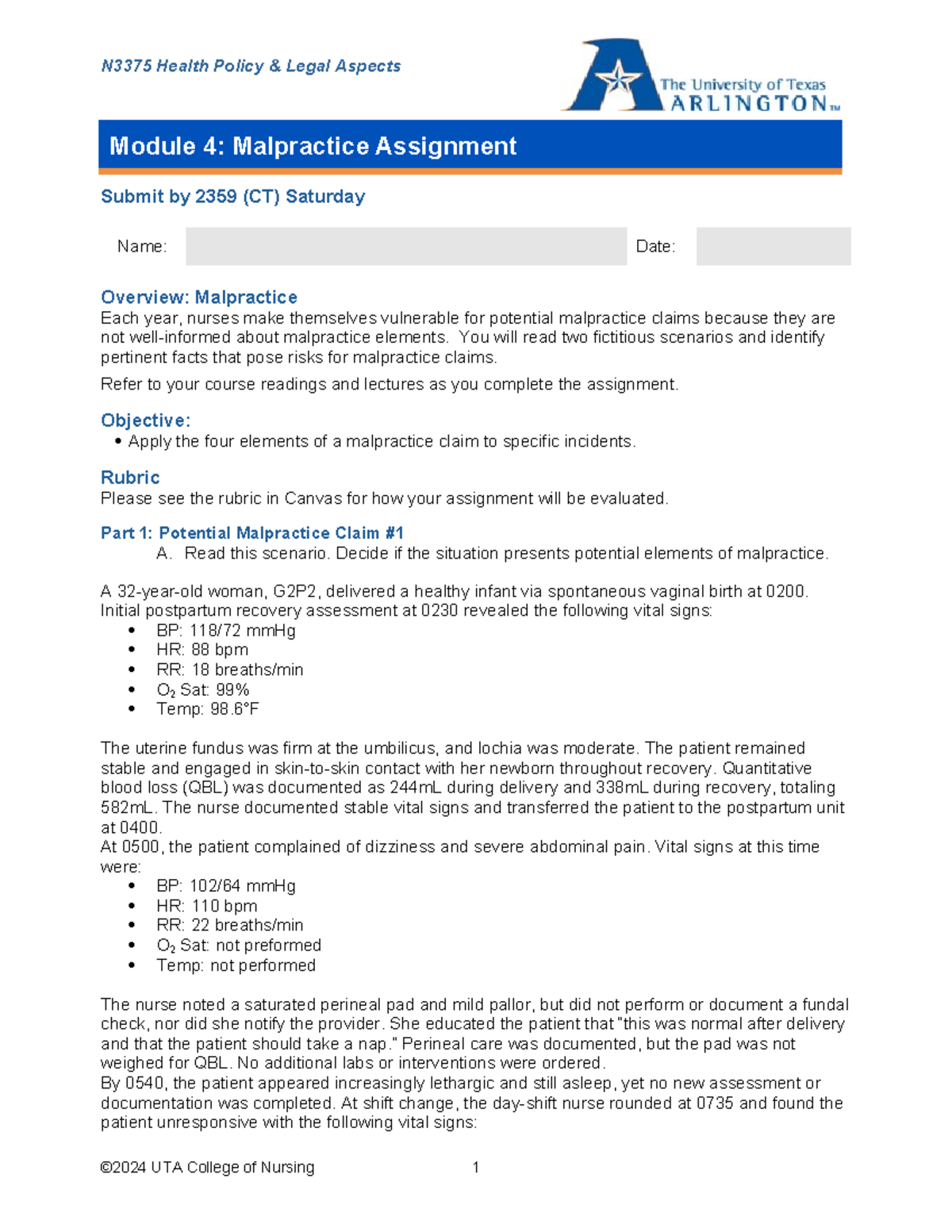N3375 Health Policy Legal Aspects: Malpractice Assignment Module 4 ...