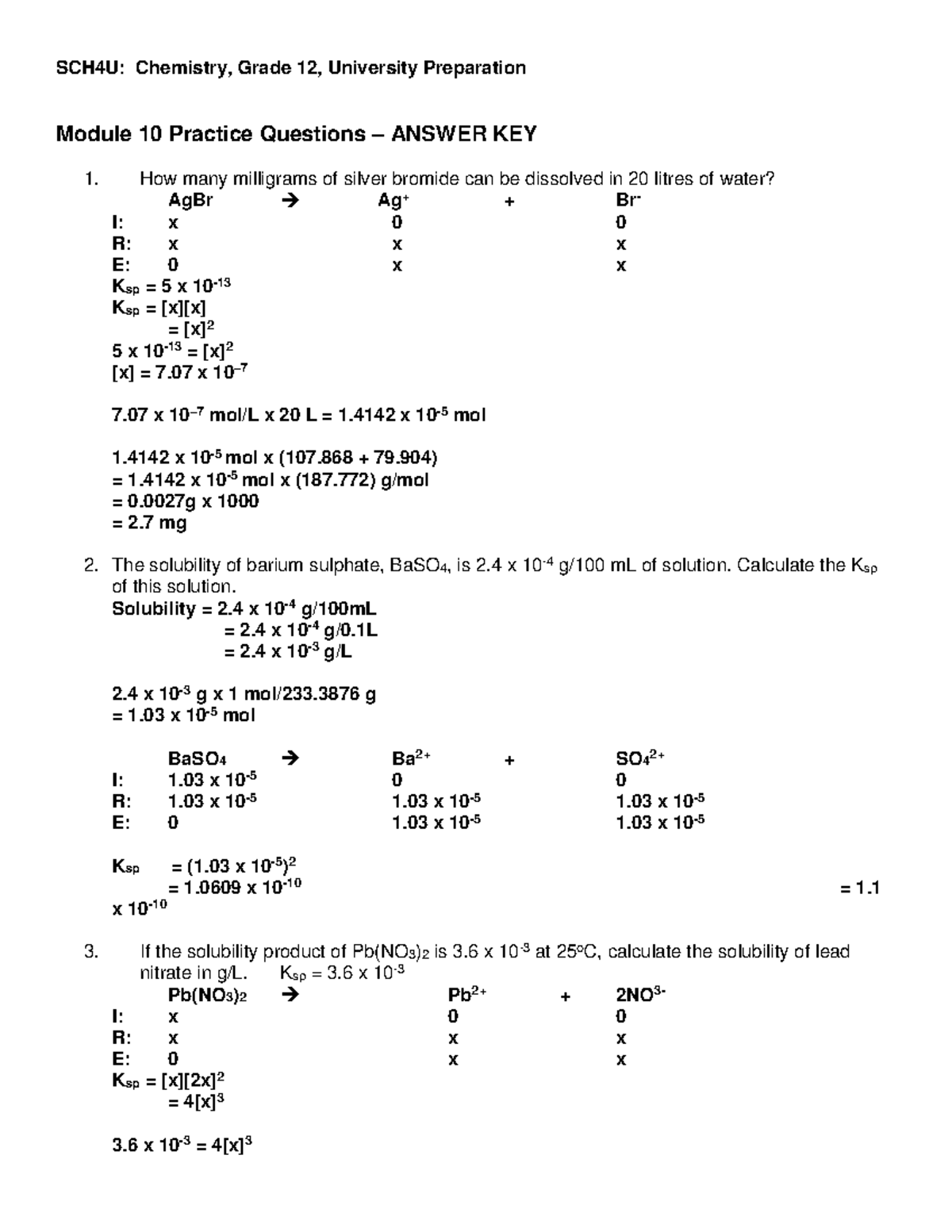SCH4U: Grade 12 Chemistry Module 10 Precipitation Practice Questions ...