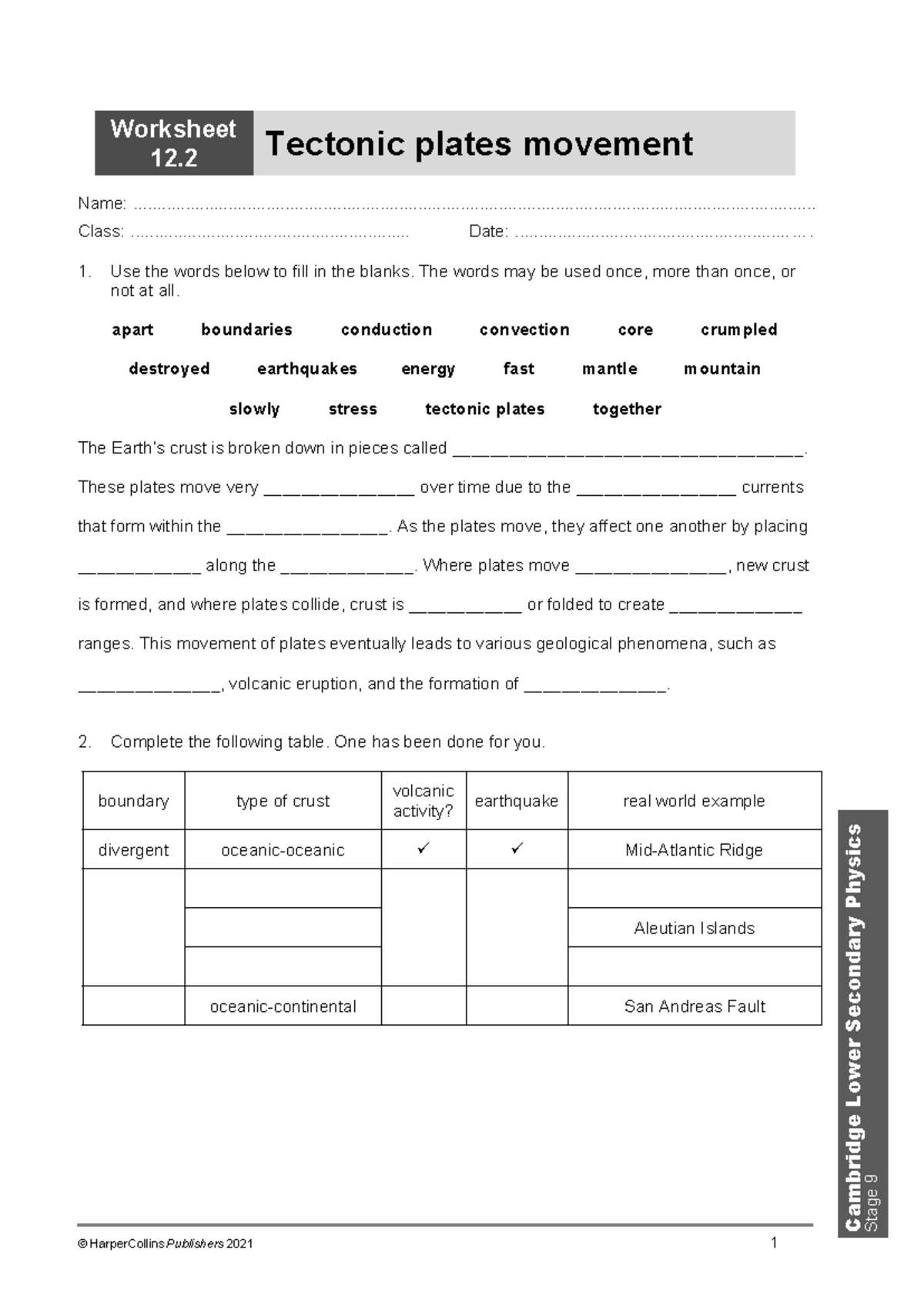 Chapter 12: Plate Tectonics Worksheet 12.2 - Tectonic Plates Movement ...