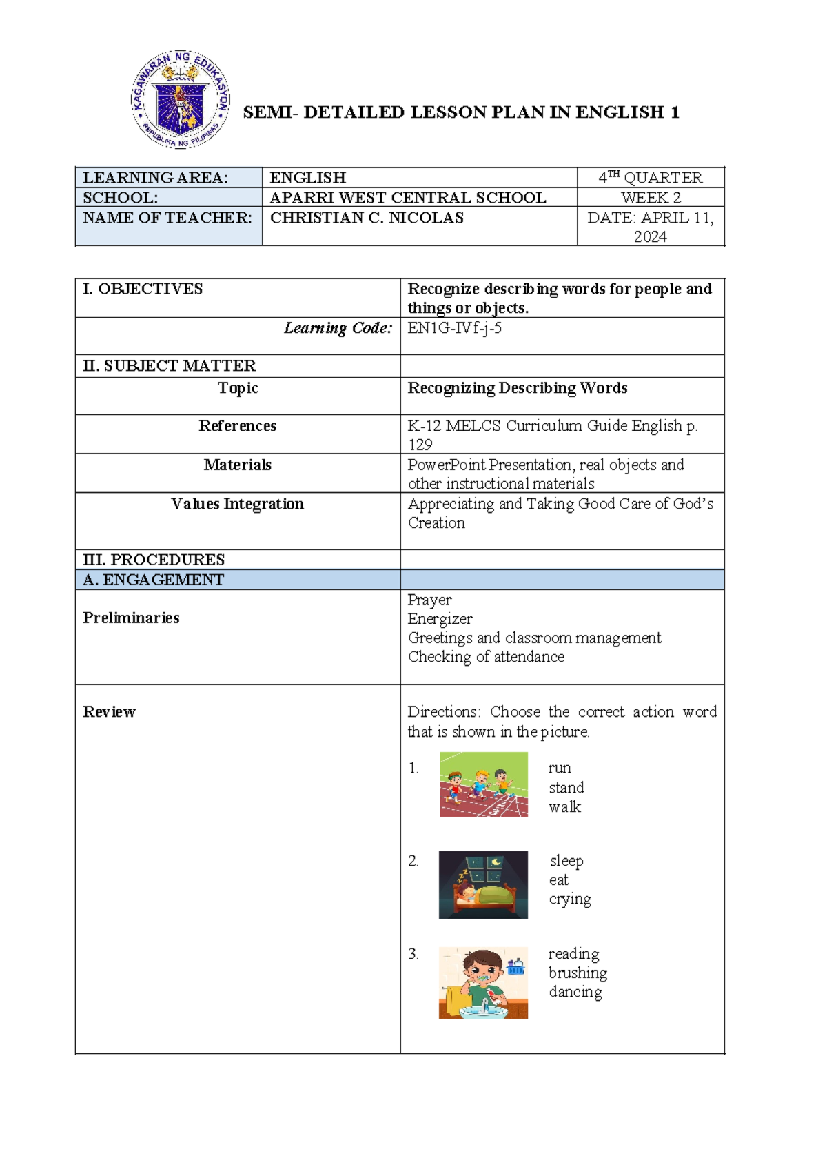 RQA Final Lesson Plan: Recognizing Describing Words in English 1 - Studocu