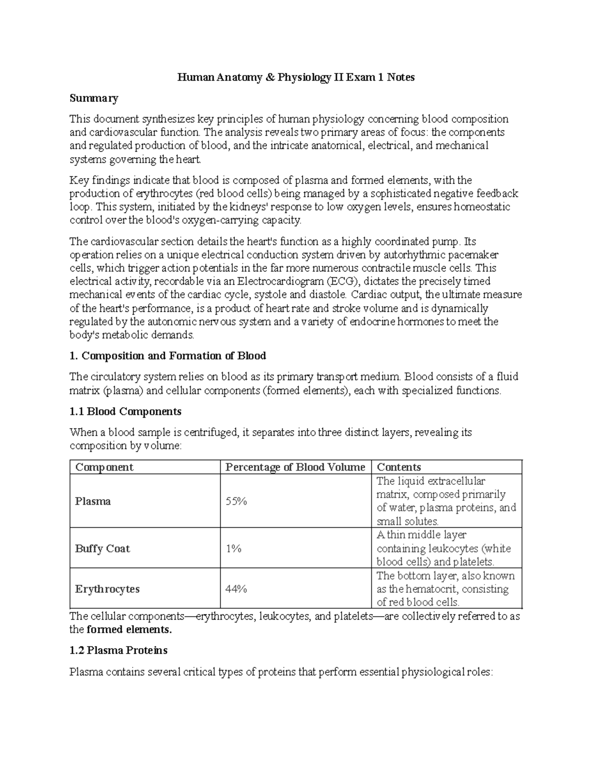 Human Anatomy & Physiology II Exam 1: Blood & Cardiovascular Function ...