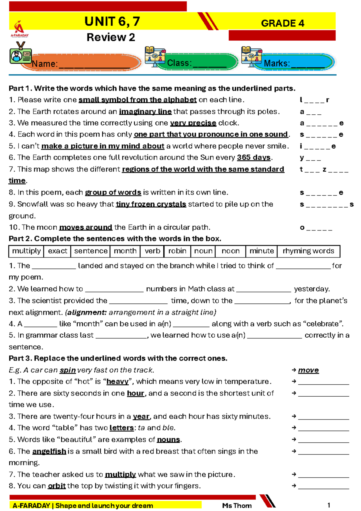 Grade 4 Unit 6 & 7 Review: Vocabulary & Grammar Exercises - Studocu