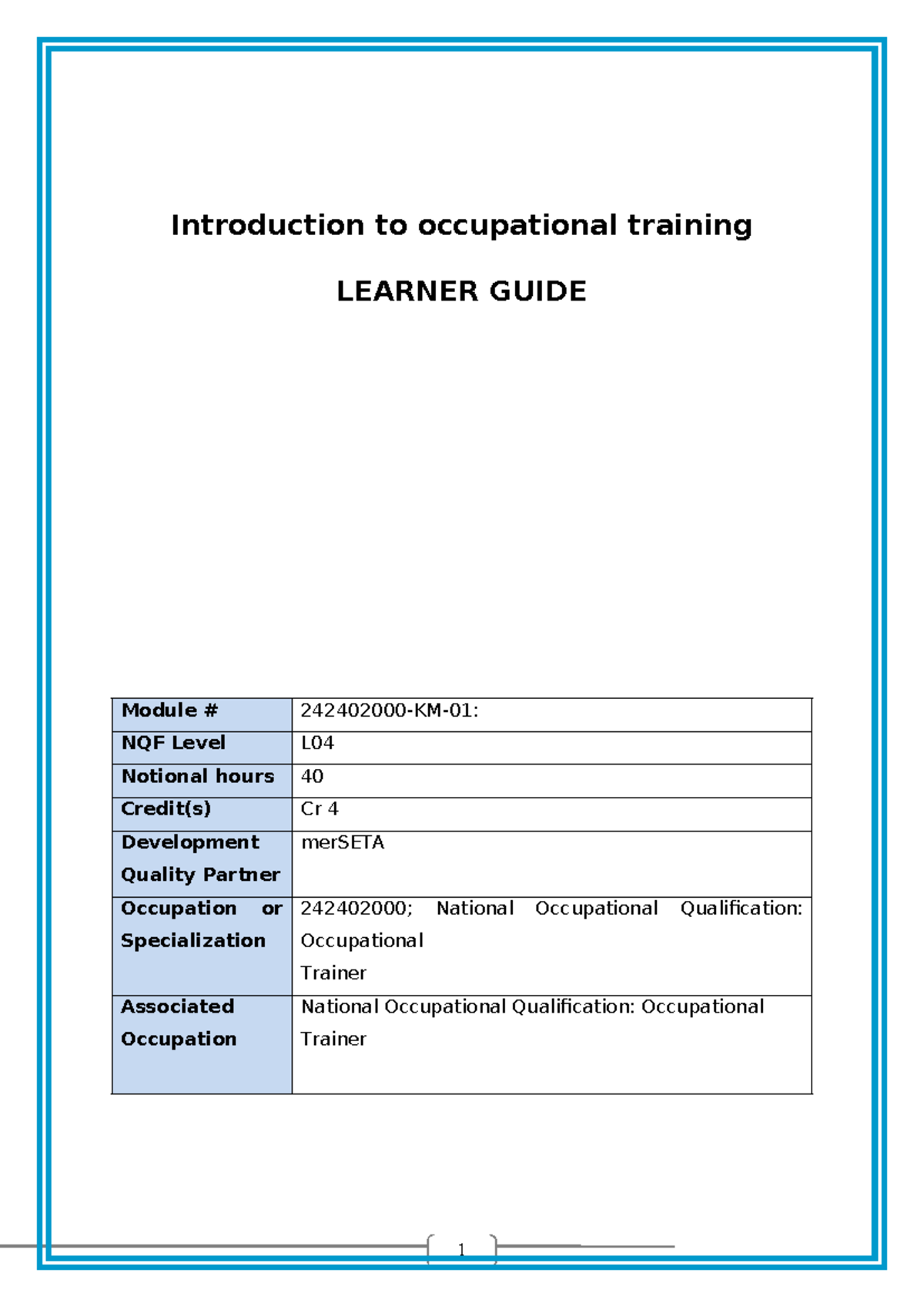 NQF Level 4 Occupational Training Learner Guide (242402000-KM-01) - Studocu