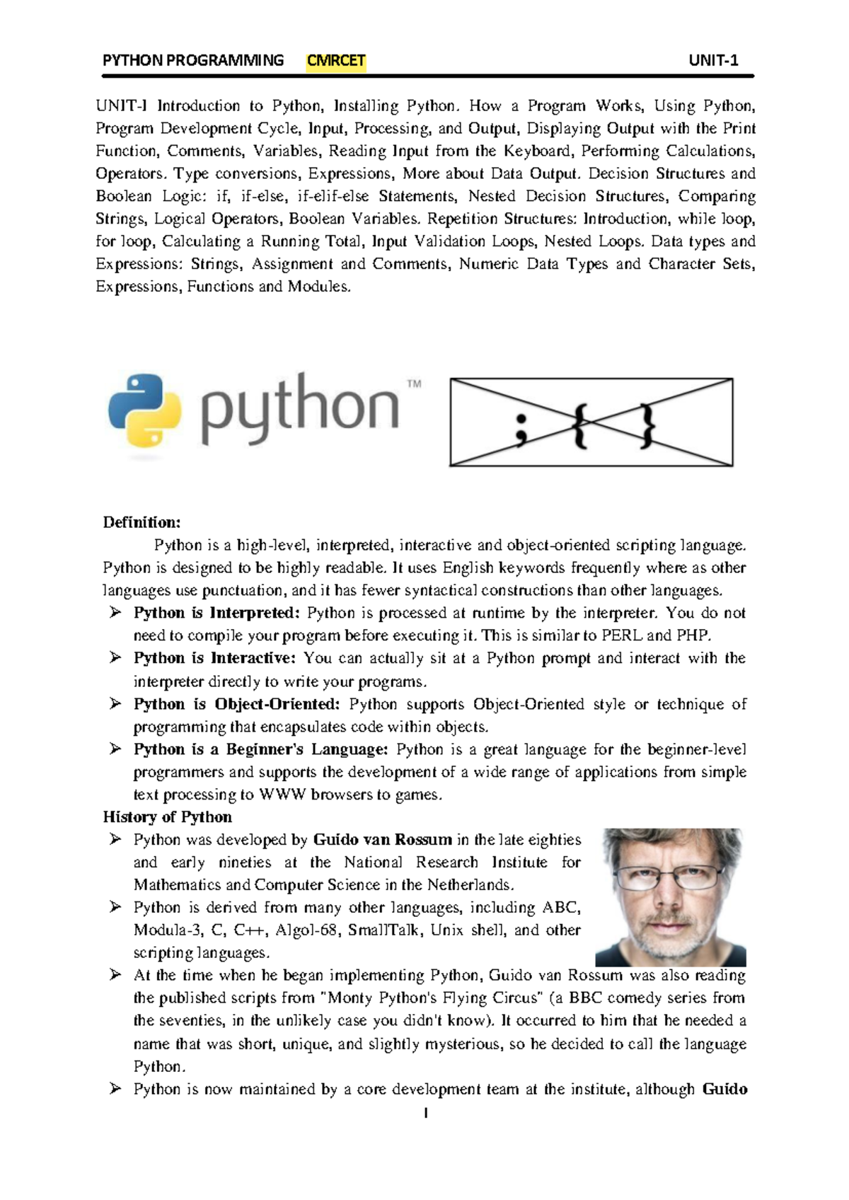 UNIT-I - Comprehensive Python Programming Notes - Studocu