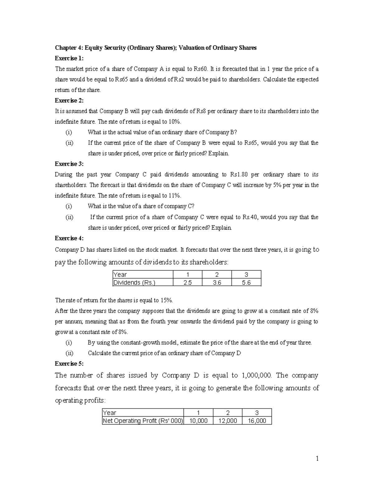Chapter 4: Valuation of Ordinary Shares - Exercises & Solutions - Studocu