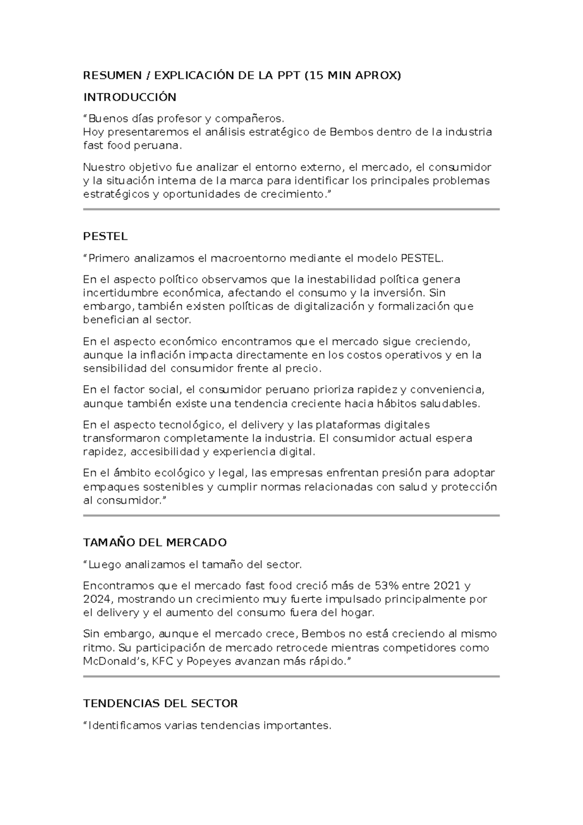 Resumen de PPT: Análisis Estratégico de Bembos en Fast Food - Studocu