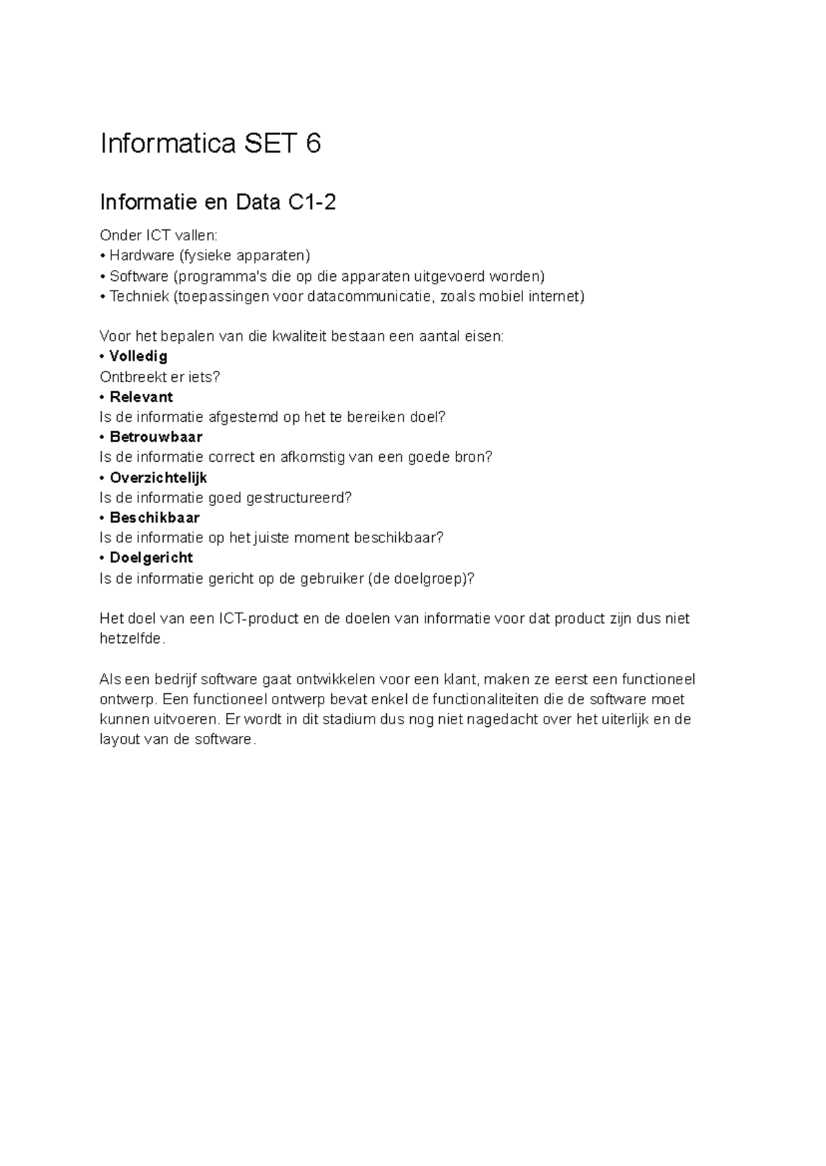 Informatica Overzicht SET 6: Informatie en Data C1-2 Verdieping ...