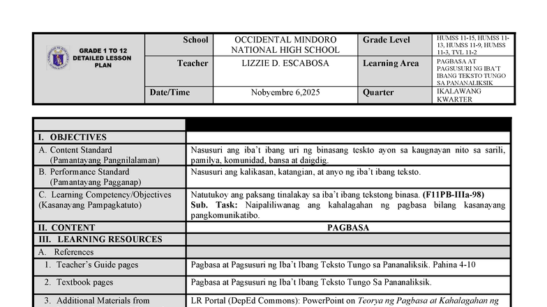 HUMSS 2nd Quarter Lesson Plan: Pagbasa at Pagsusuri ng Ibang Teksto ...